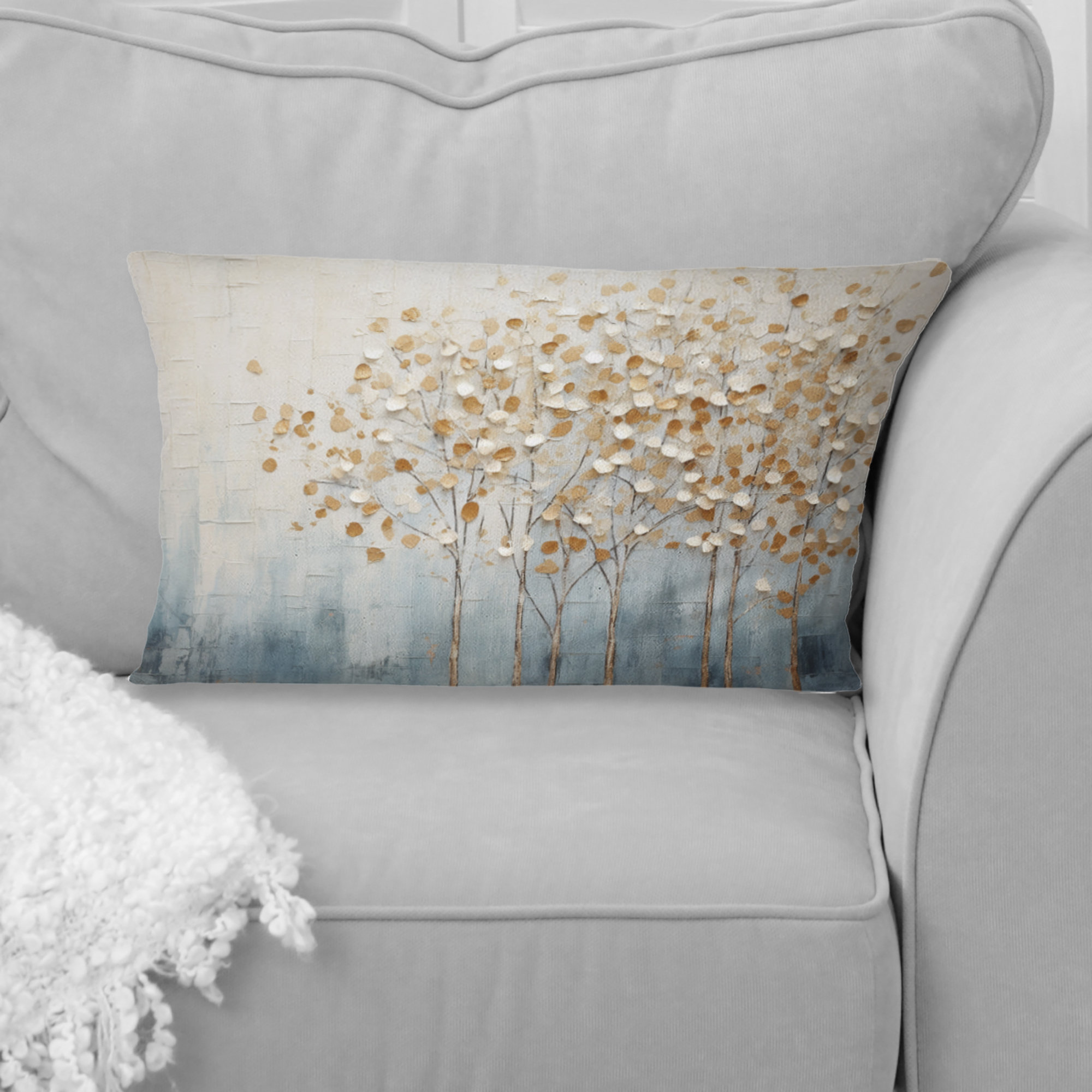 Design Art Gold And Blue Trees Harmony V - Trees Printed Throw Pillow ...
