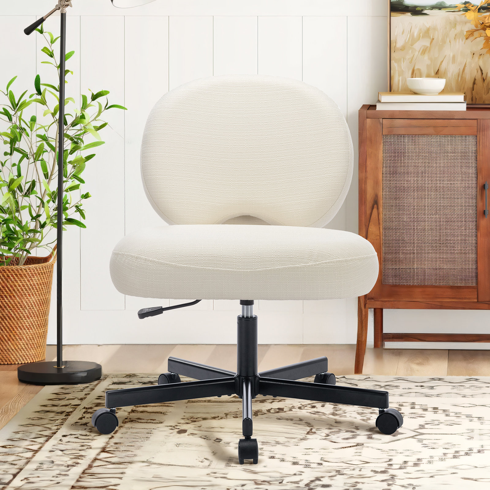 Ebern Designs Wide Linen Cross Legged Armless Task Chair with Wheels ...