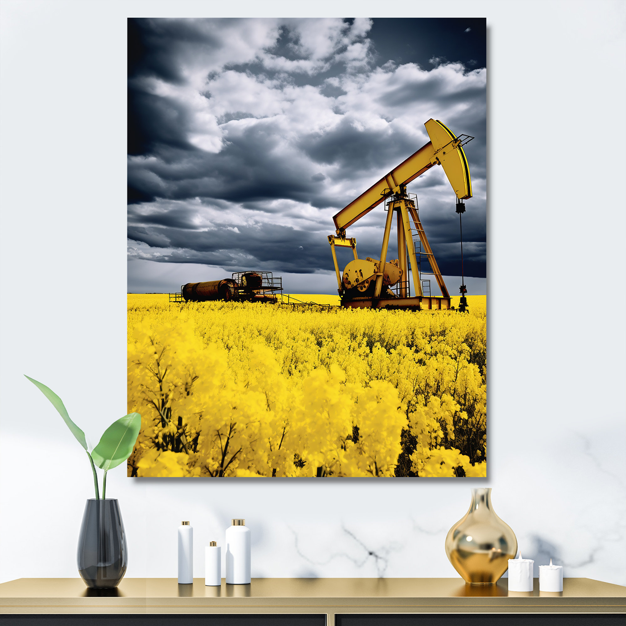 Design Art Green And Yellow Oil Drilling Rig Meadow I On Canvas Print ...