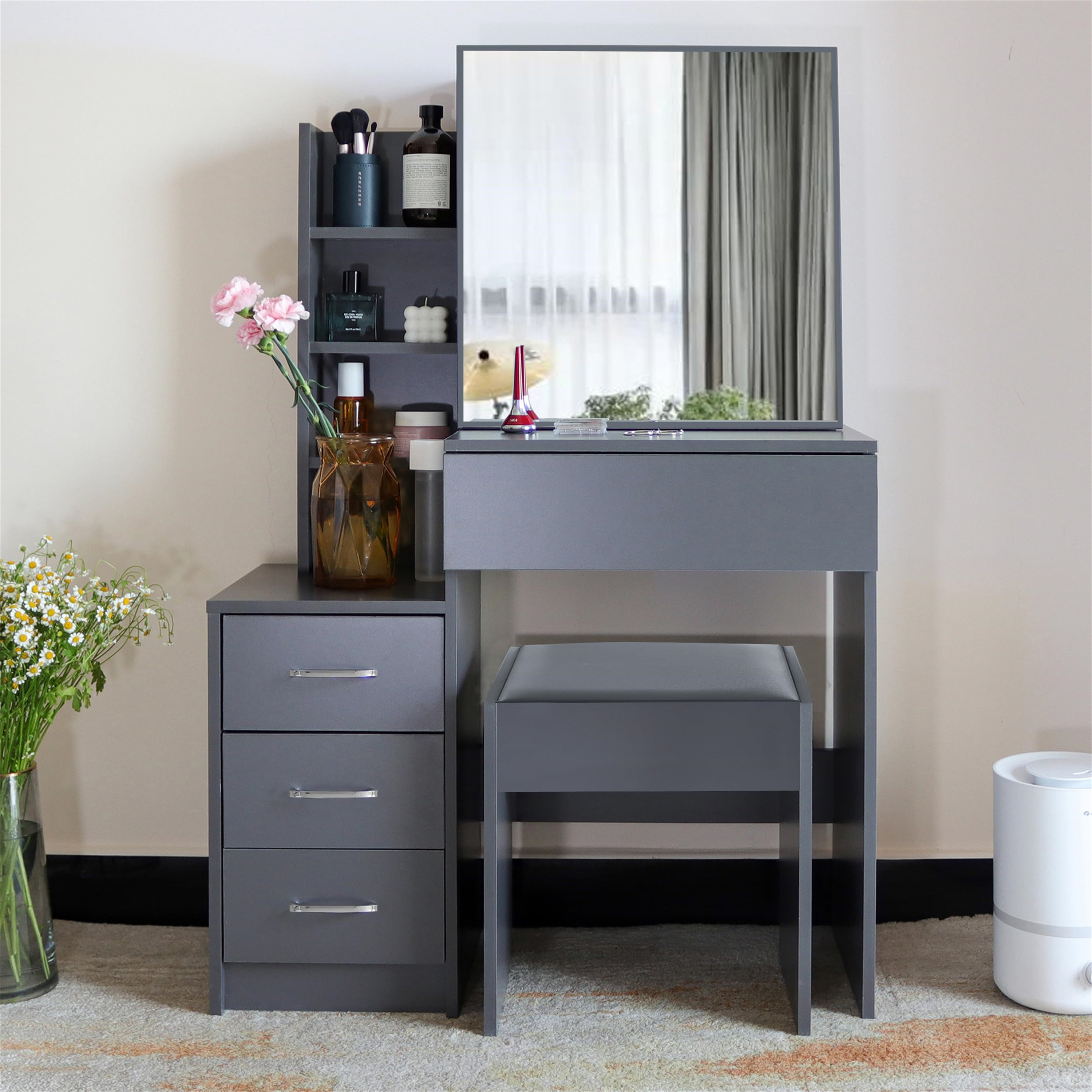 Brayden Studio Dressing Table With Mirror And Stool, Vanity Makeup ...
