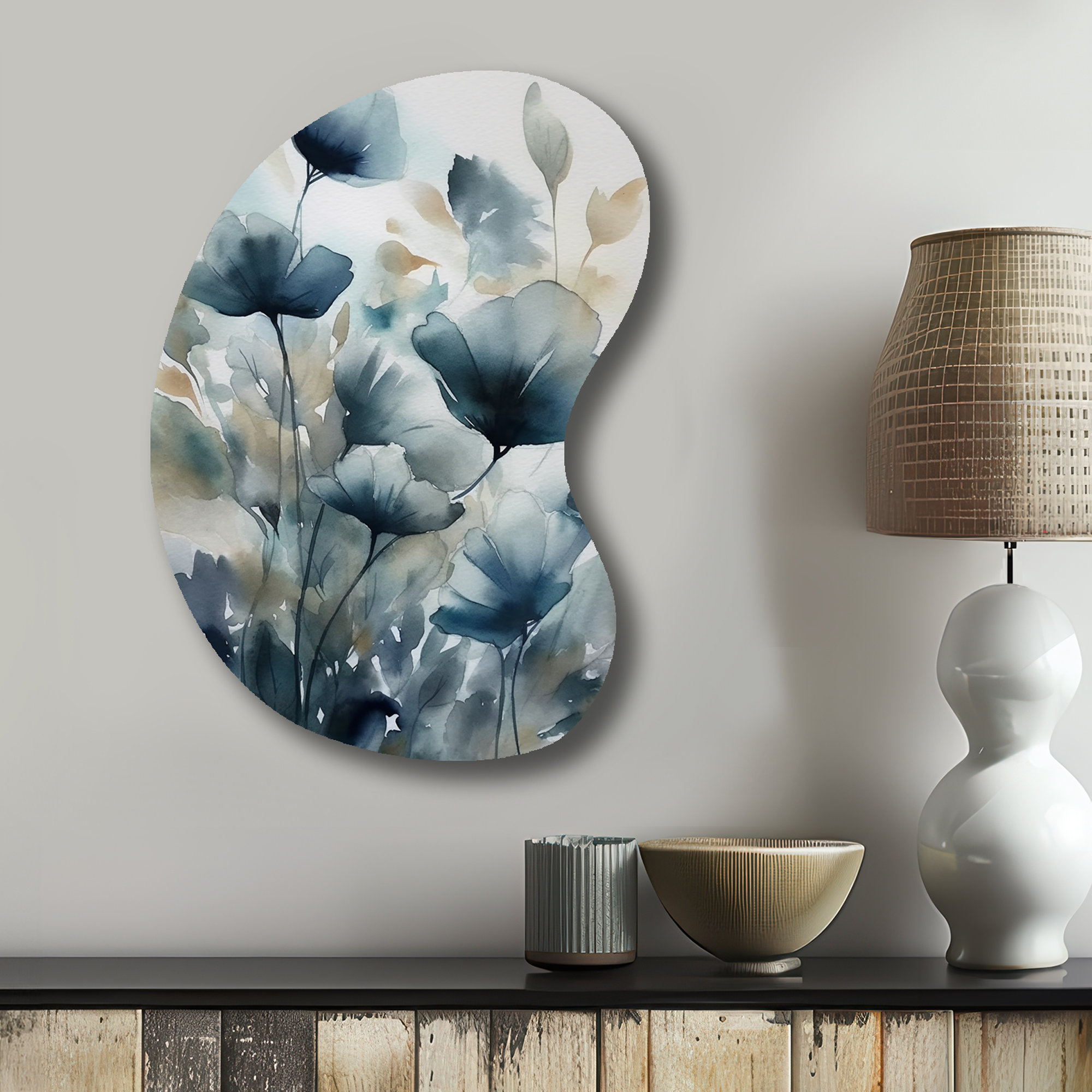 Design Art Blue Leaf Foliage And Flowers III - Asymmetrical Leaves ...