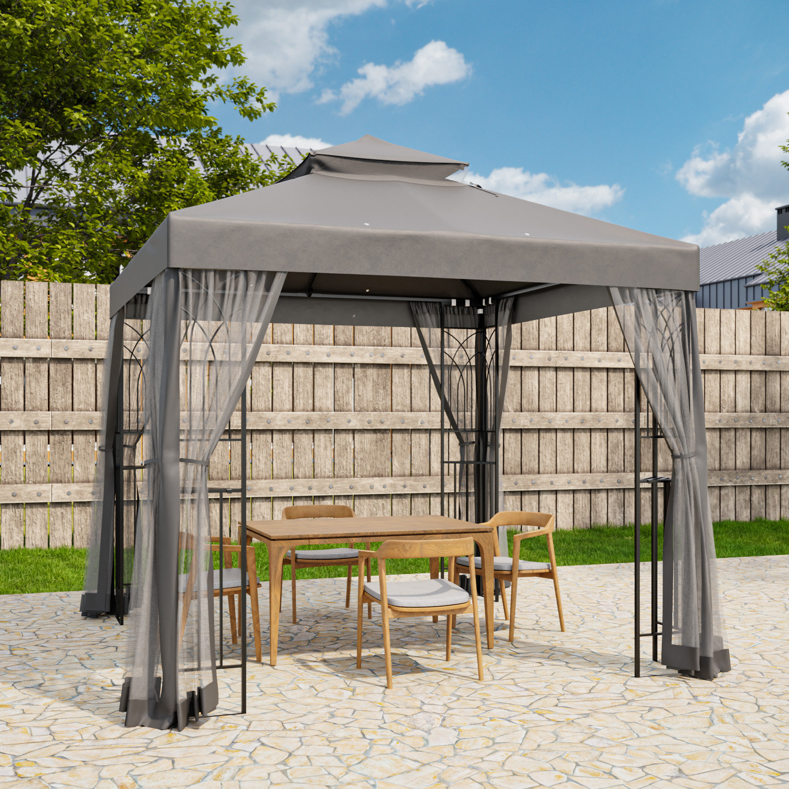 INTER HUT 8 Ft. W x 8 Ft. D Patio Steel Soft top Double Roof Gazebo ...