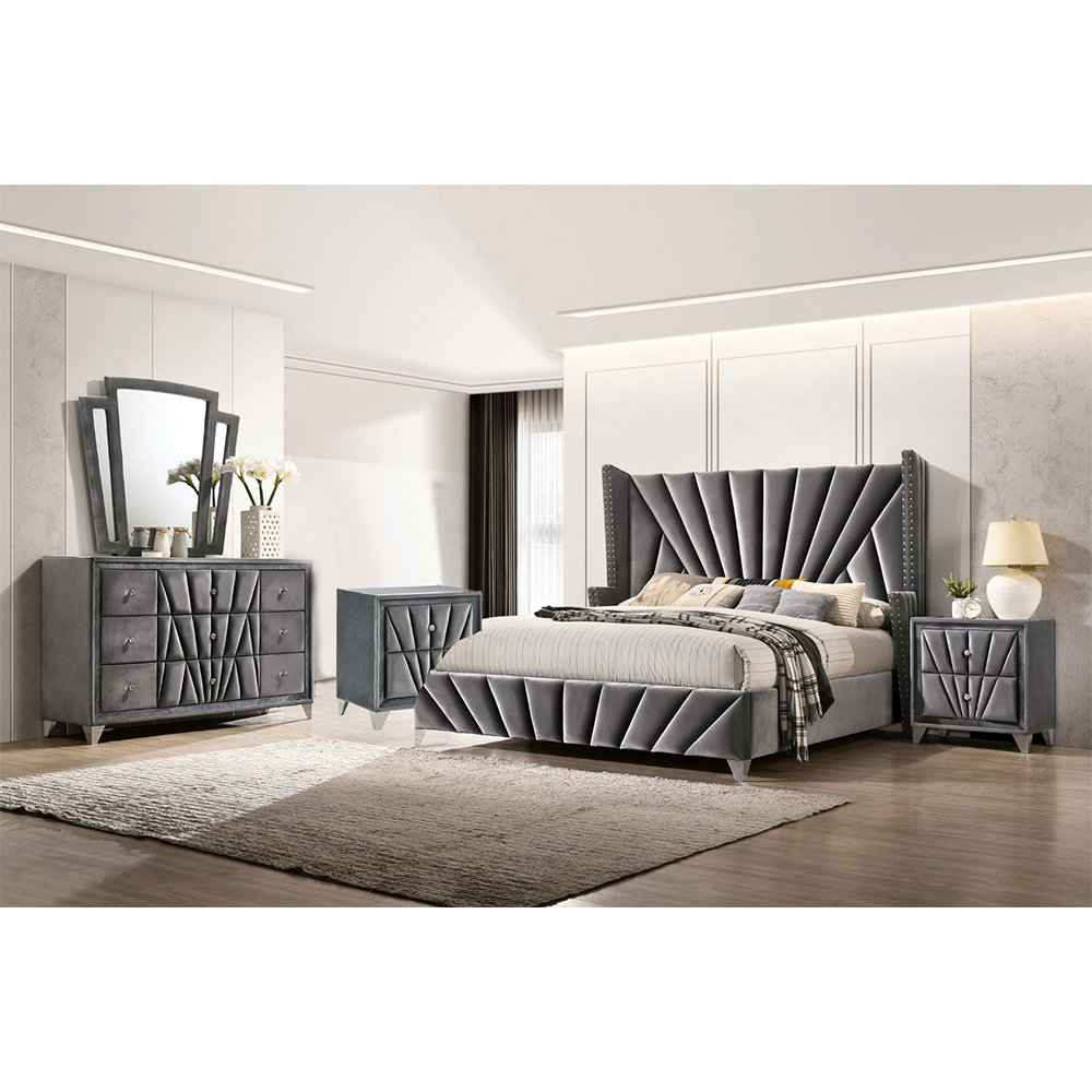 Everly Quinn 5 Piece Fabric And Wood Queen Bedroom Set In Gray Finish ...