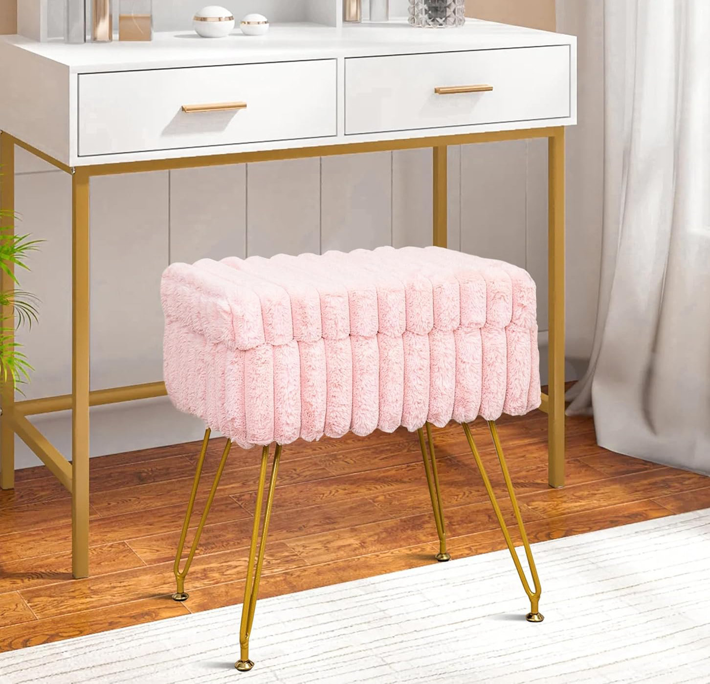 Everly Quinn Faux Fur Vanity Stool With Storage Ottoman, Vanity Chair ...