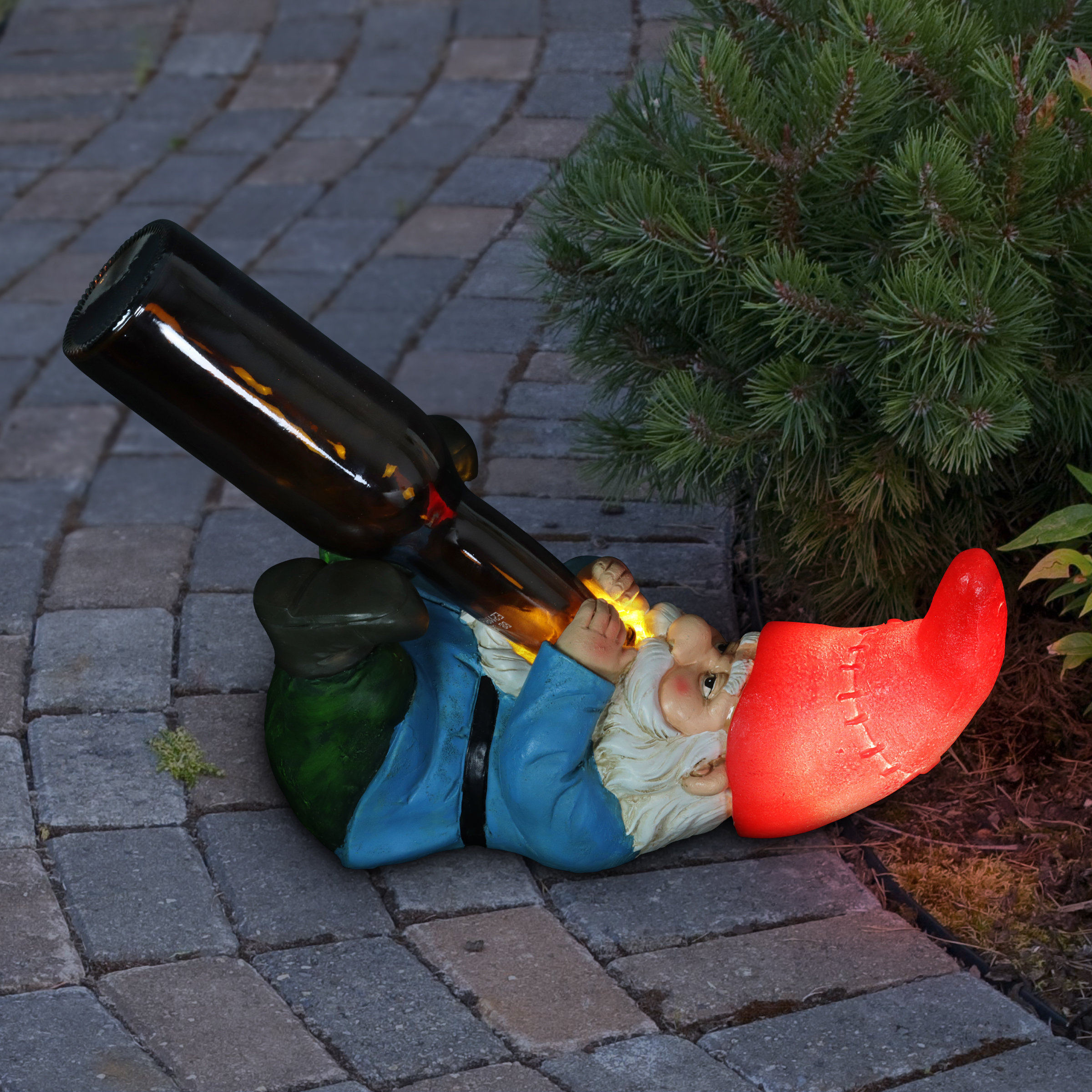 Exhart Good Time Bottle Holder Gnome Statue with LED Hat on Powered ...
