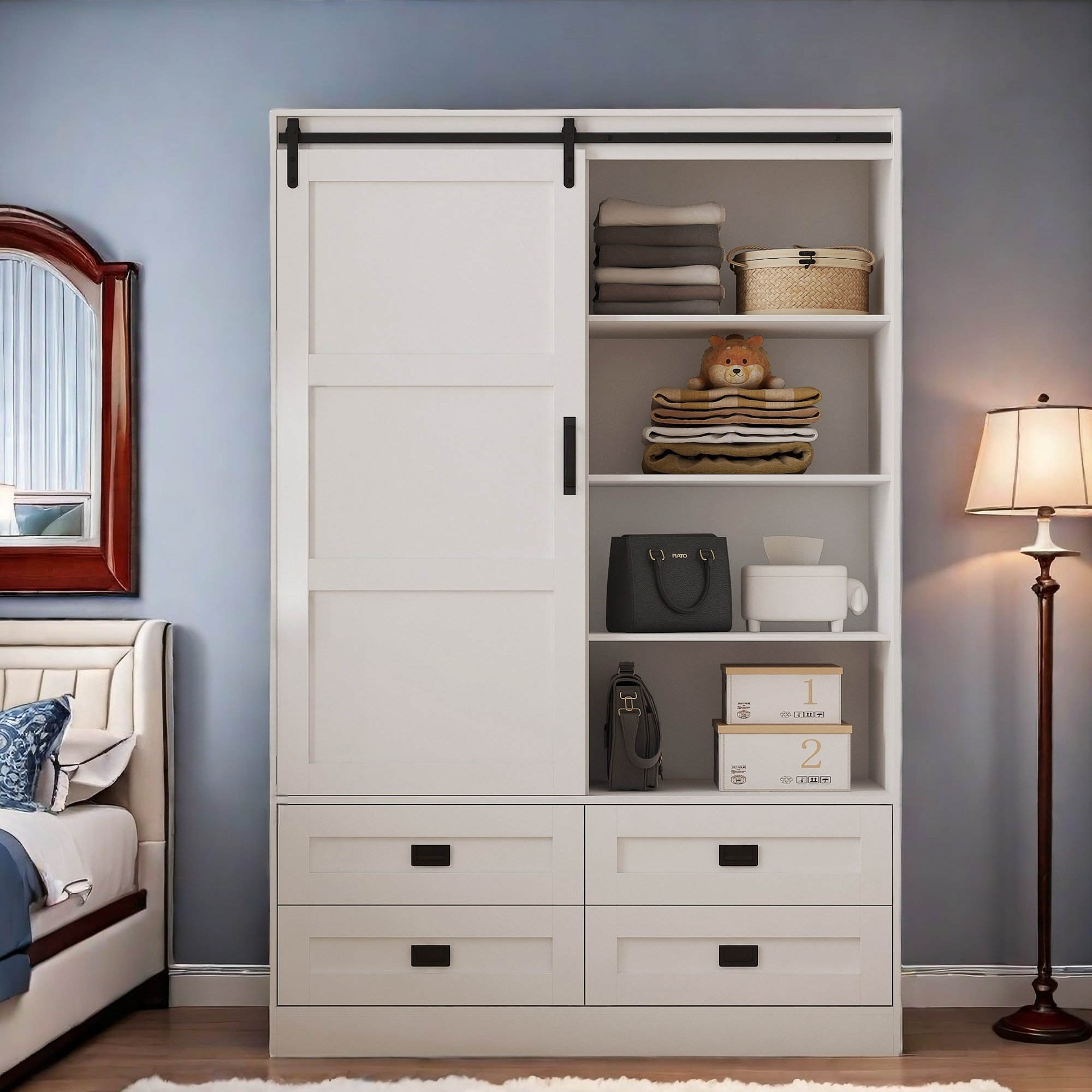 Lark Manor Armoire With Hanging Rod, Barn Door Drawers And Open Shelves ...