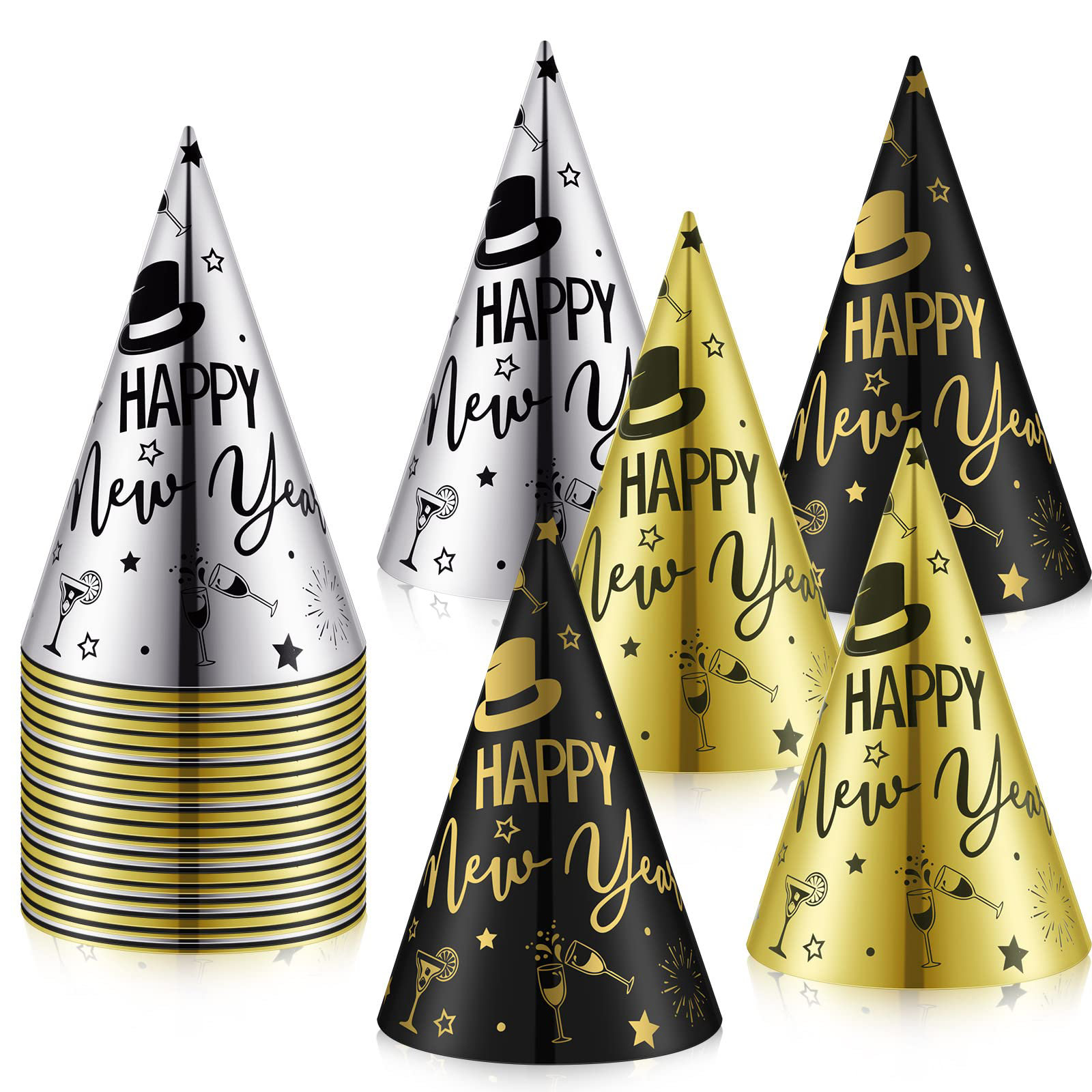 VOMGEB1 48-Pack New Year's Eve Cone Party Hats, Happy New Year Bulk Set ...