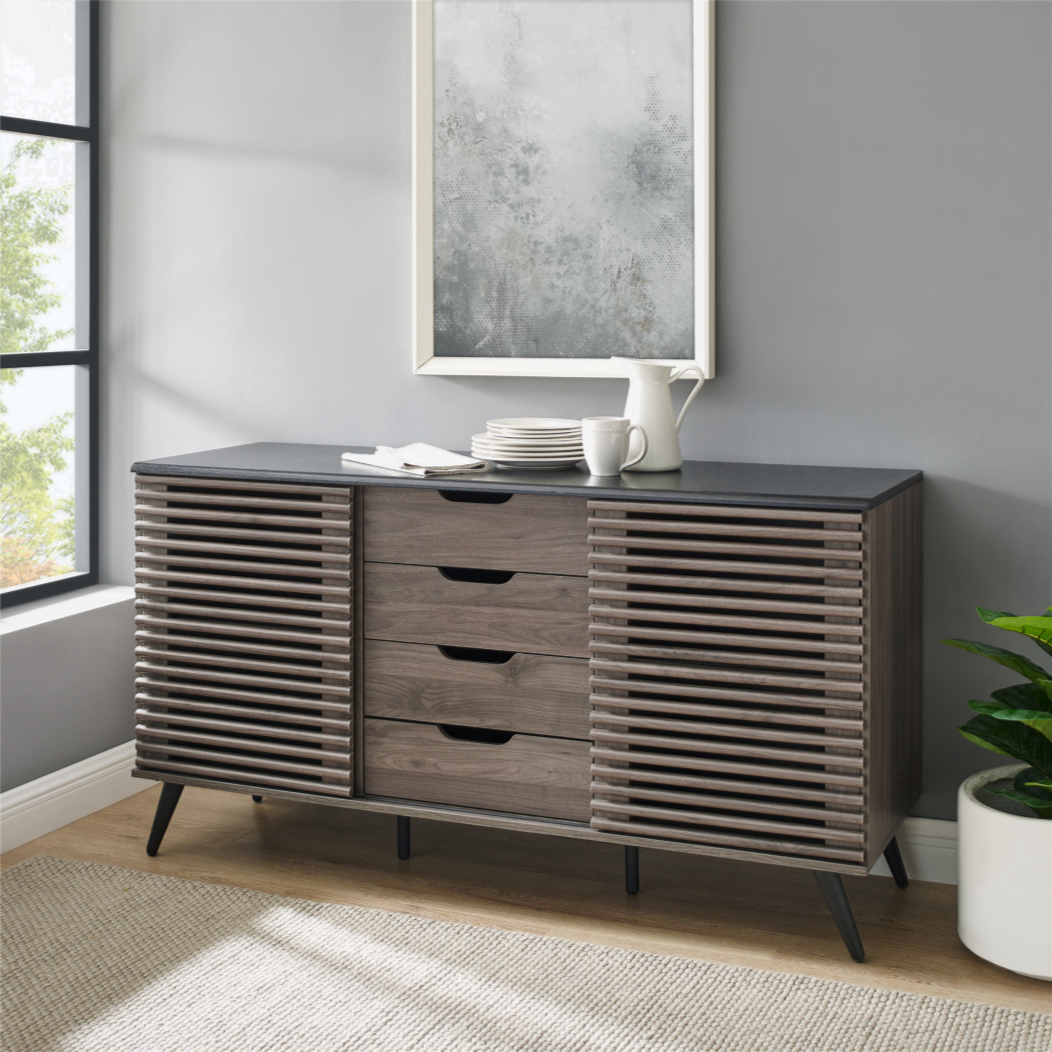 George Oliver Contemporary Sliding Slat-Door Sideboard - Ebony/Slate ...