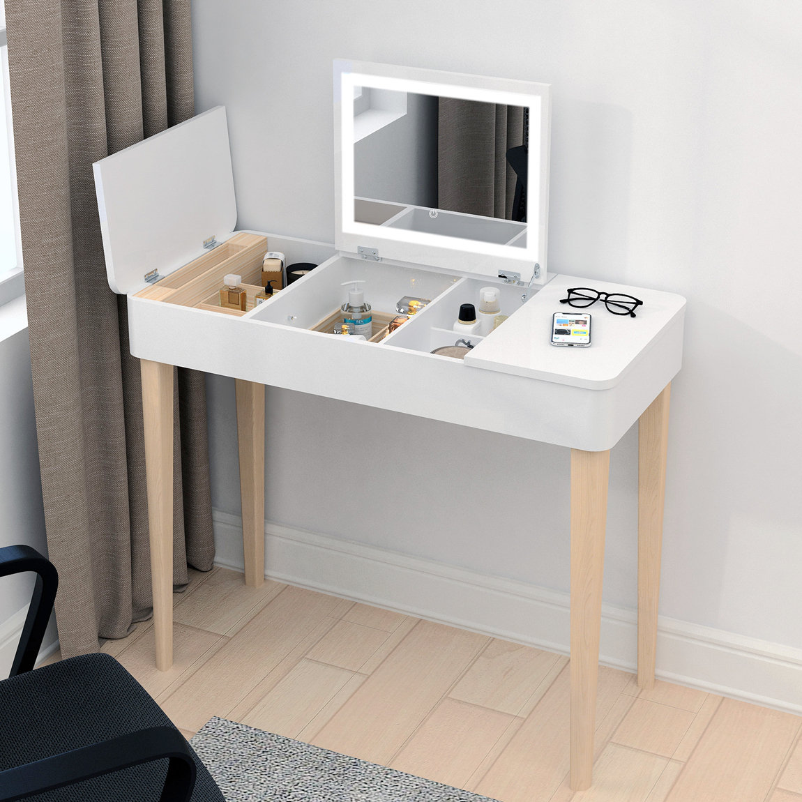 George Oliver Bhojpal Vanity Mirror With Lights and Solid Wood Legs and ...