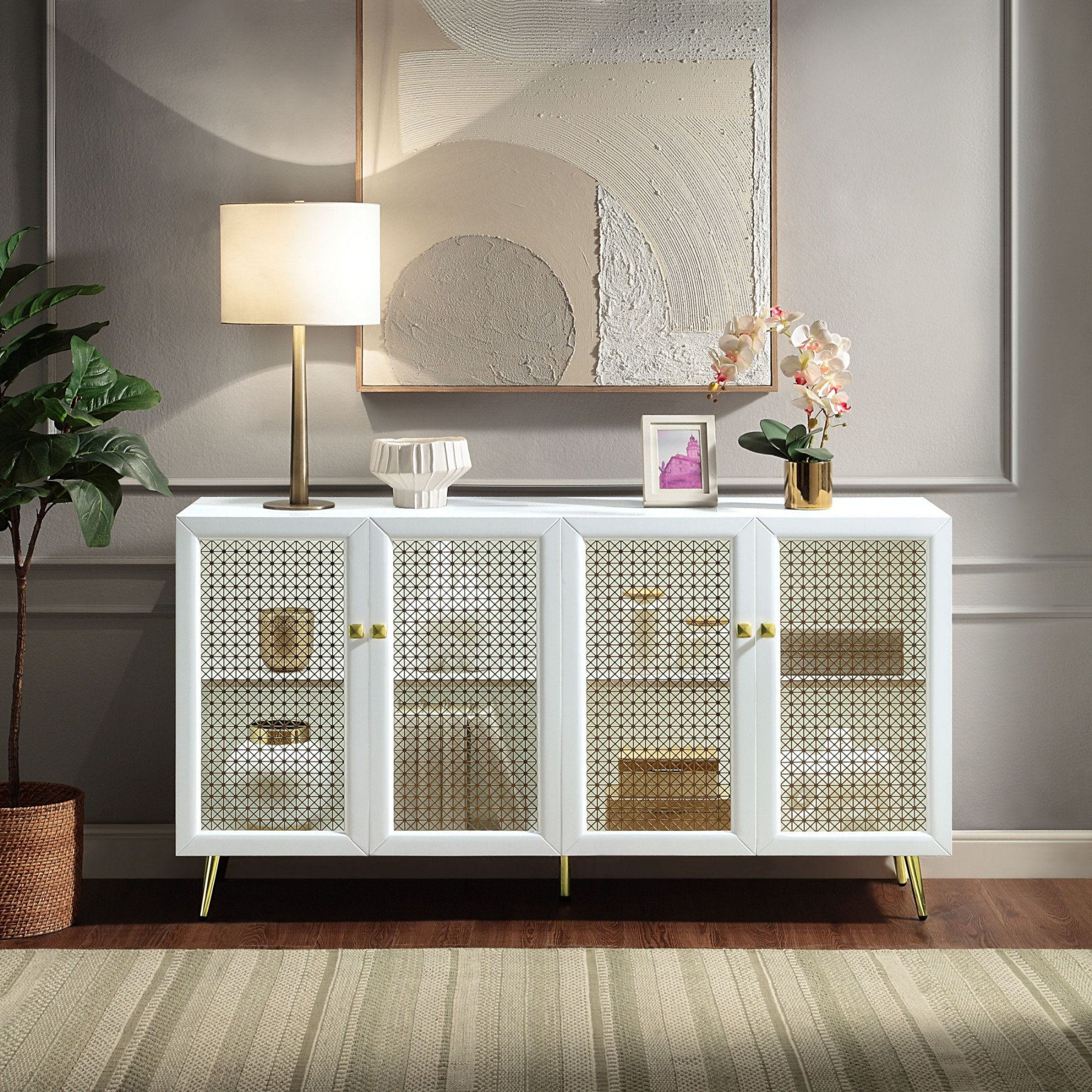 Mercer41 Ballantine White High Gloss Finish Console Cabinet w/ LED ...