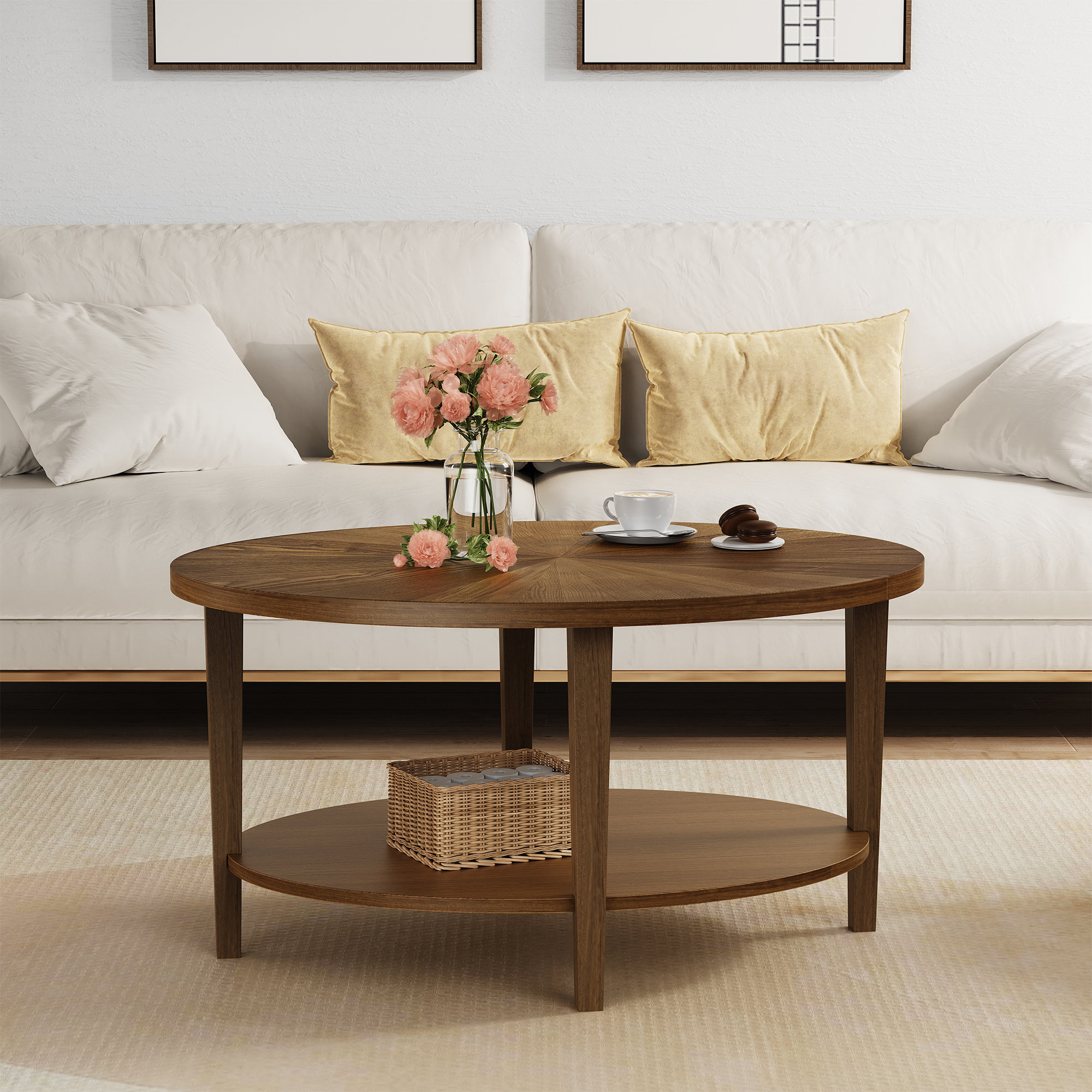 Millwood Pines Solid Wood Oval Coffee Table with 2-Tier Shelves ...