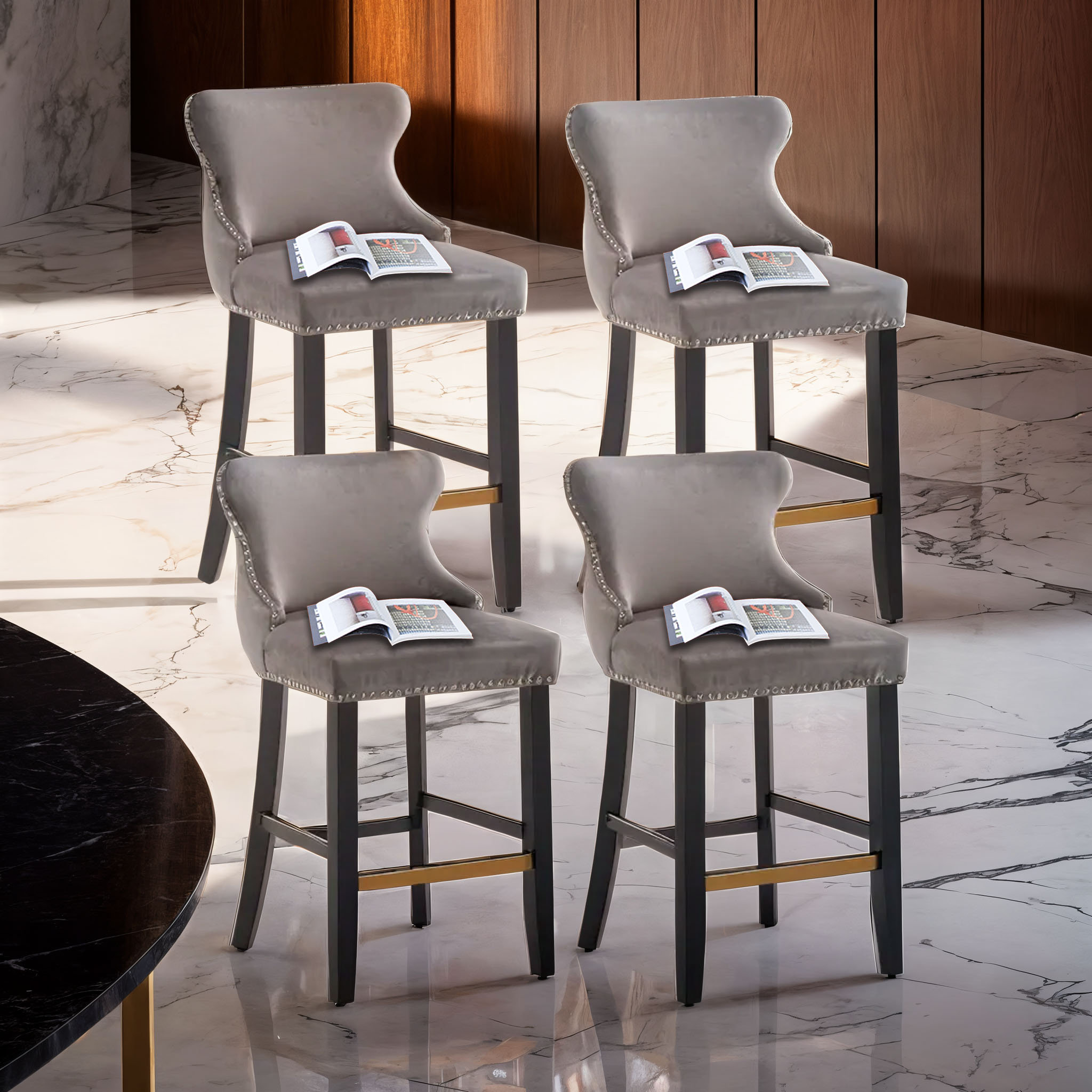 Rosdorf Park Velvet Upholstered Wing-Back Solid Wood Bar Stools (Set of ...