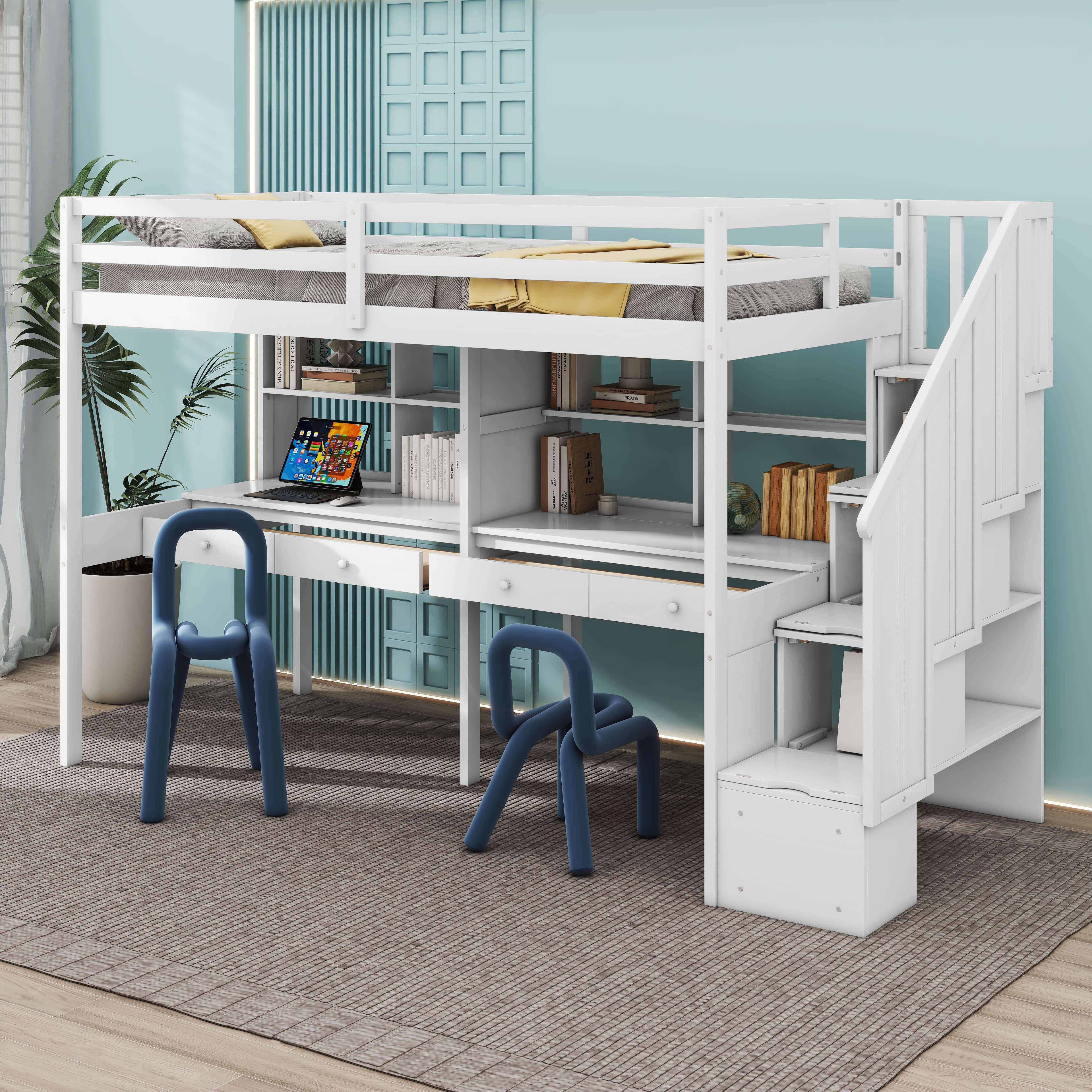 Harriet Bee Jeiren Twin Size Loft Bed Frame with Double Desks and ...