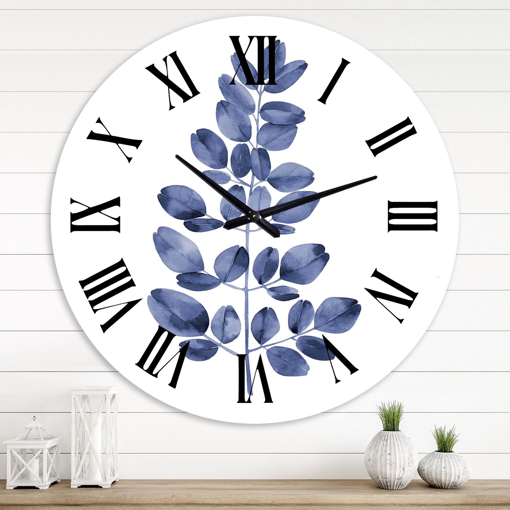 East Urban Home Navy Blue Eucalyptus II - Traditional wall clock ...