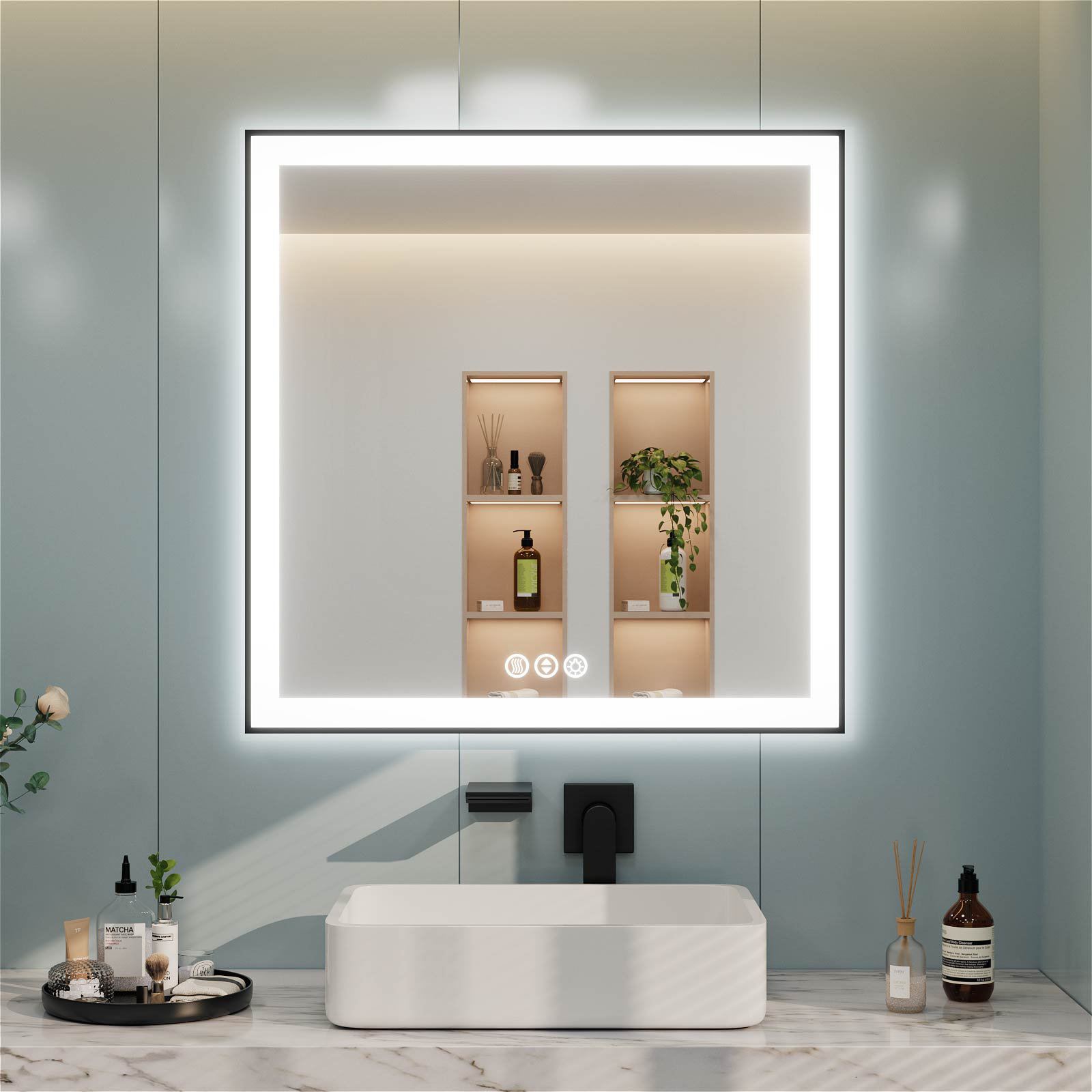 Wrought Studio™ Rectangular Black Framed LED Mirror Dimmable Defog Wall ...