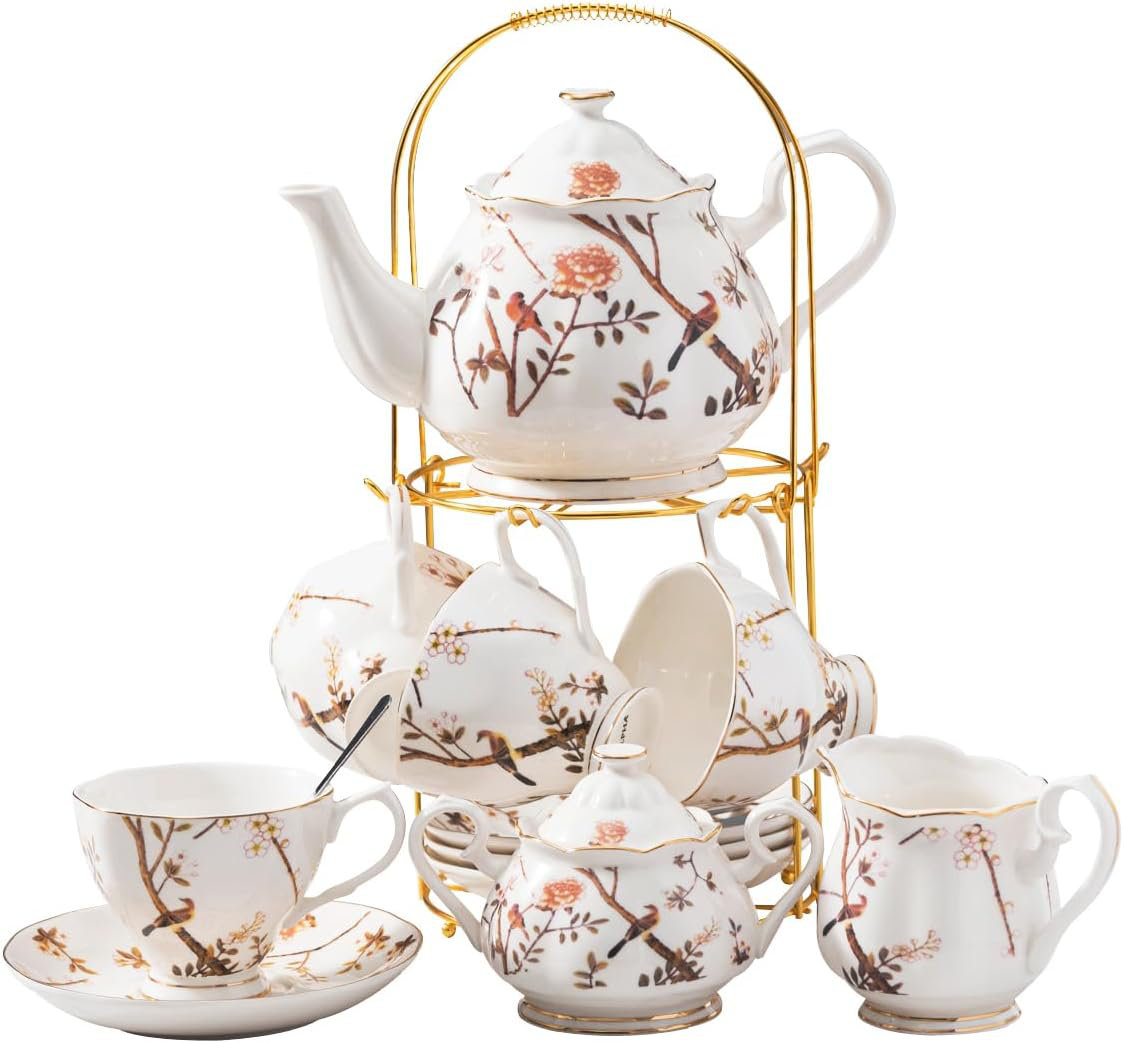 Bloomsbury Market Fine China Tea Set With Bird Tree Pattern, 17-Piece ...
