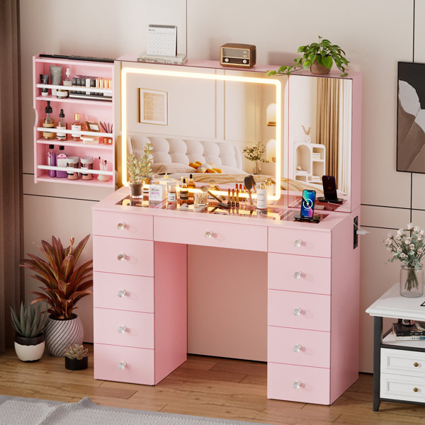 Ivy Bronx 46" Makeup Vanity With Large Led Mirror, Glass Tabletop ...