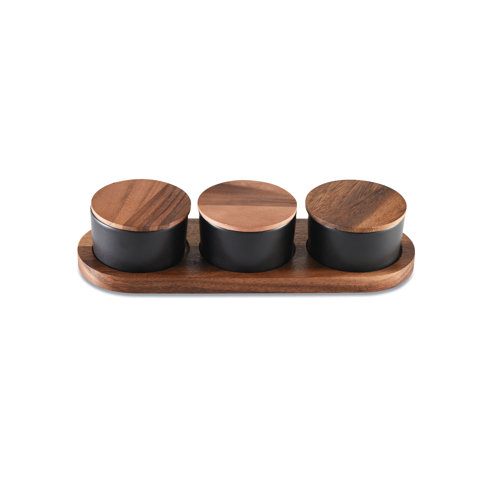 Loon Peak® Acacia Wood Condiment Holder with 3 Ceramics | Wayfair