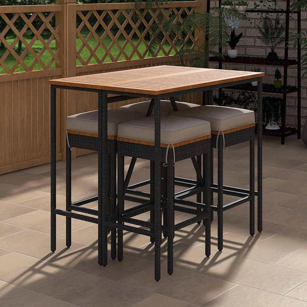 17 Stories 5-Piece Outdoor Acacia Wood Bar Height Table | Wayfair