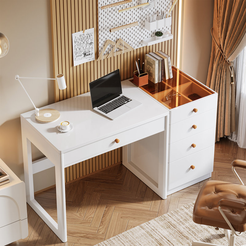 Ebern Designs 47" Makeup Vanity Desk Modern Vanity Desk Glass Top 5 ...