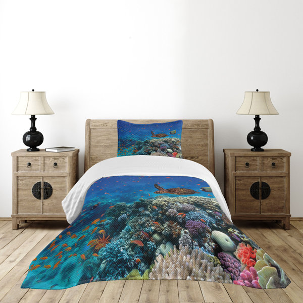 Ambesonne Fish Bedspread Set Tropical Turtle Water Multicolor | Wayfair
