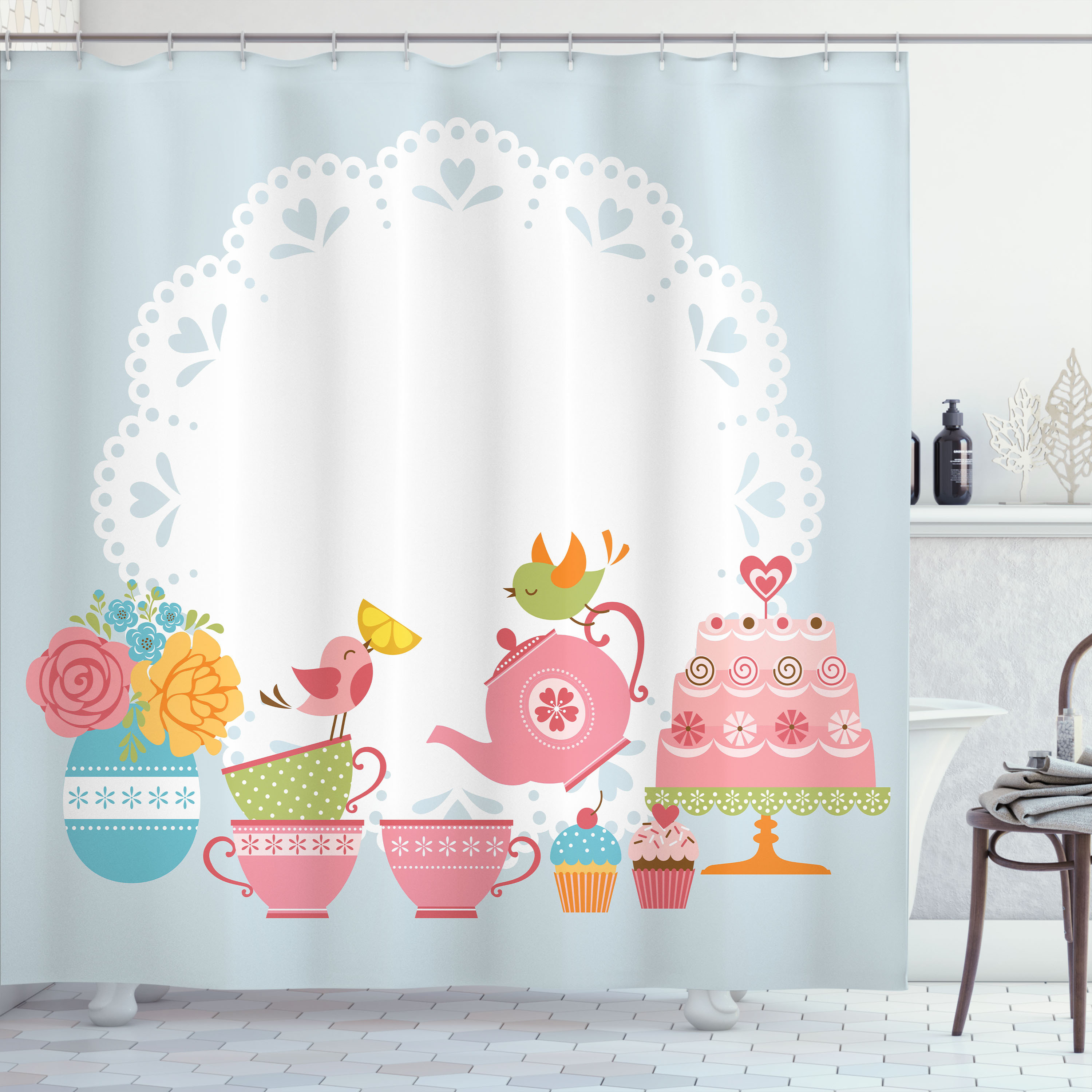 East Urban Home Tea Party Shower Curtain Birds Drinking Tea Multicolor ...
