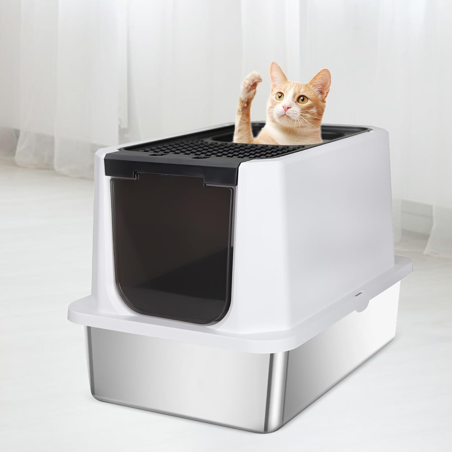 Hokku Designs Stainless Steel Cat Litter Box, Semi-Enclosed Litter Box ...