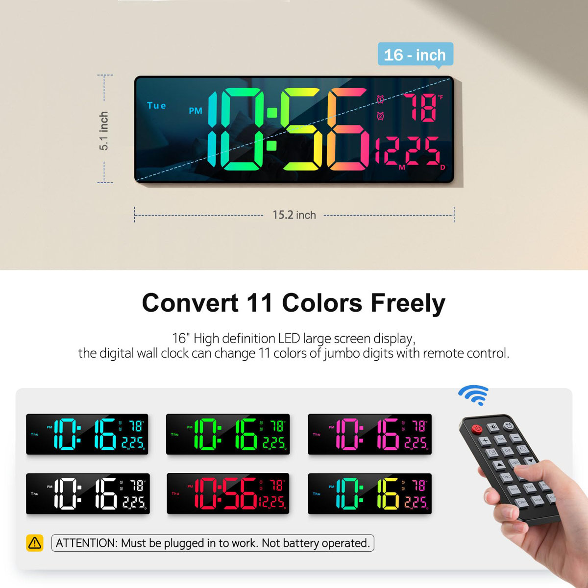 Wrought Studio™ Digital Wall Clock Large Display 16", Digital Clock ...