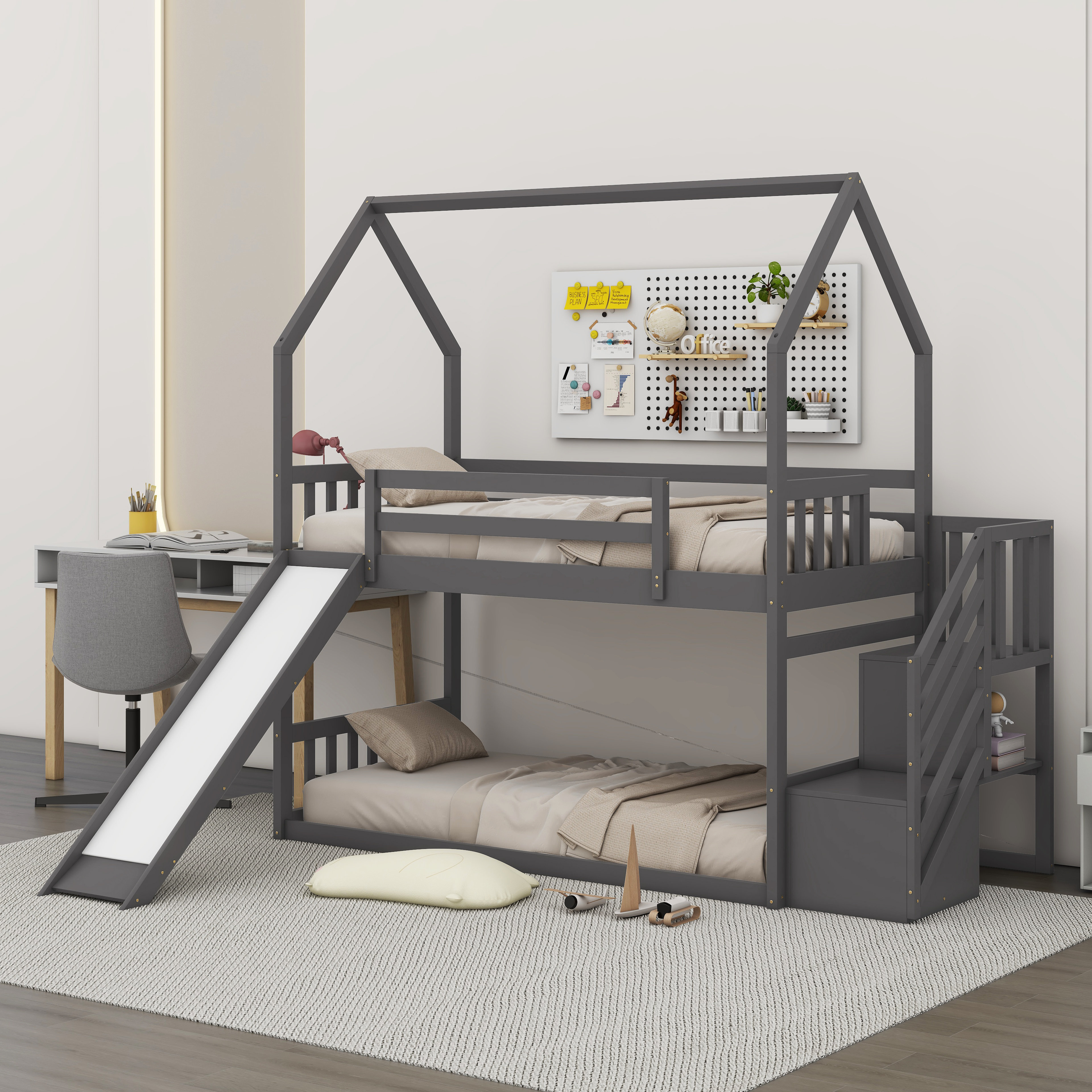 Harper Orchard Annielaurie Twin Over Twin House Bunk Bed With Convertible Slide | Wayfair