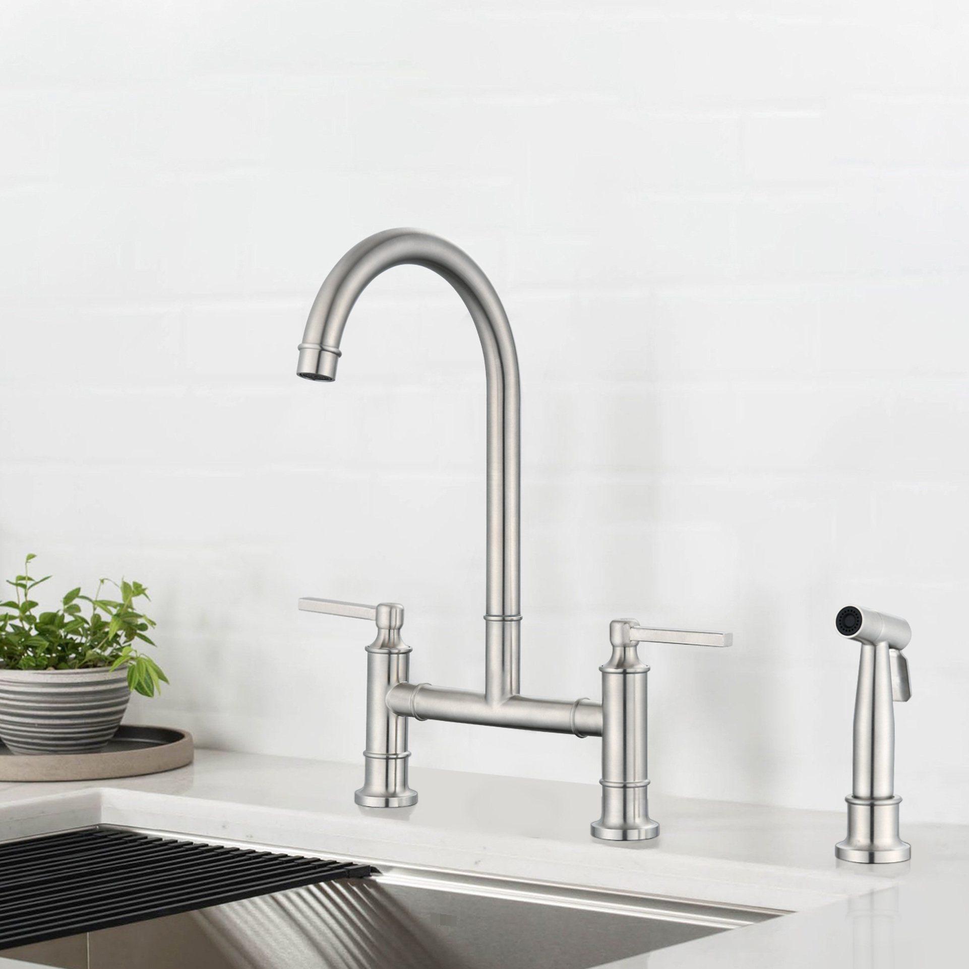 Latitude Run® Brushed Nickel Bridge Kitchen Tap With Side Spray ...