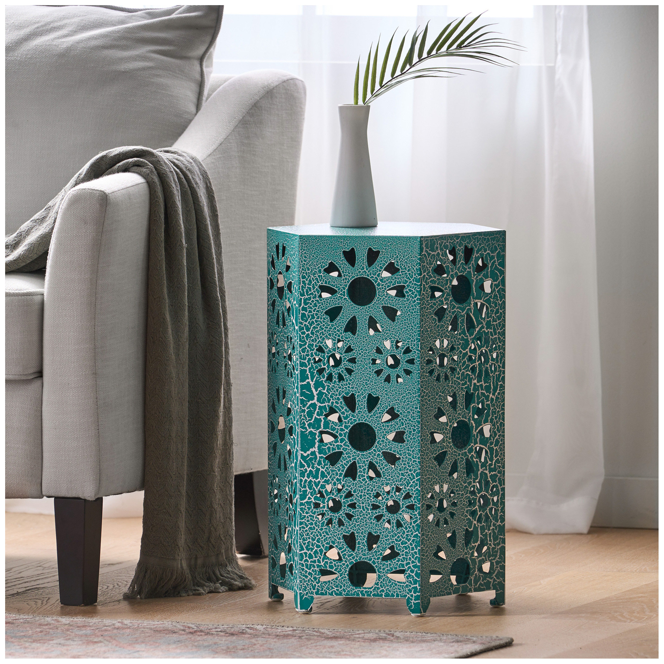 George Oliver Galore 14" Side Table with Sunburst Cut Out Design, Teal ...