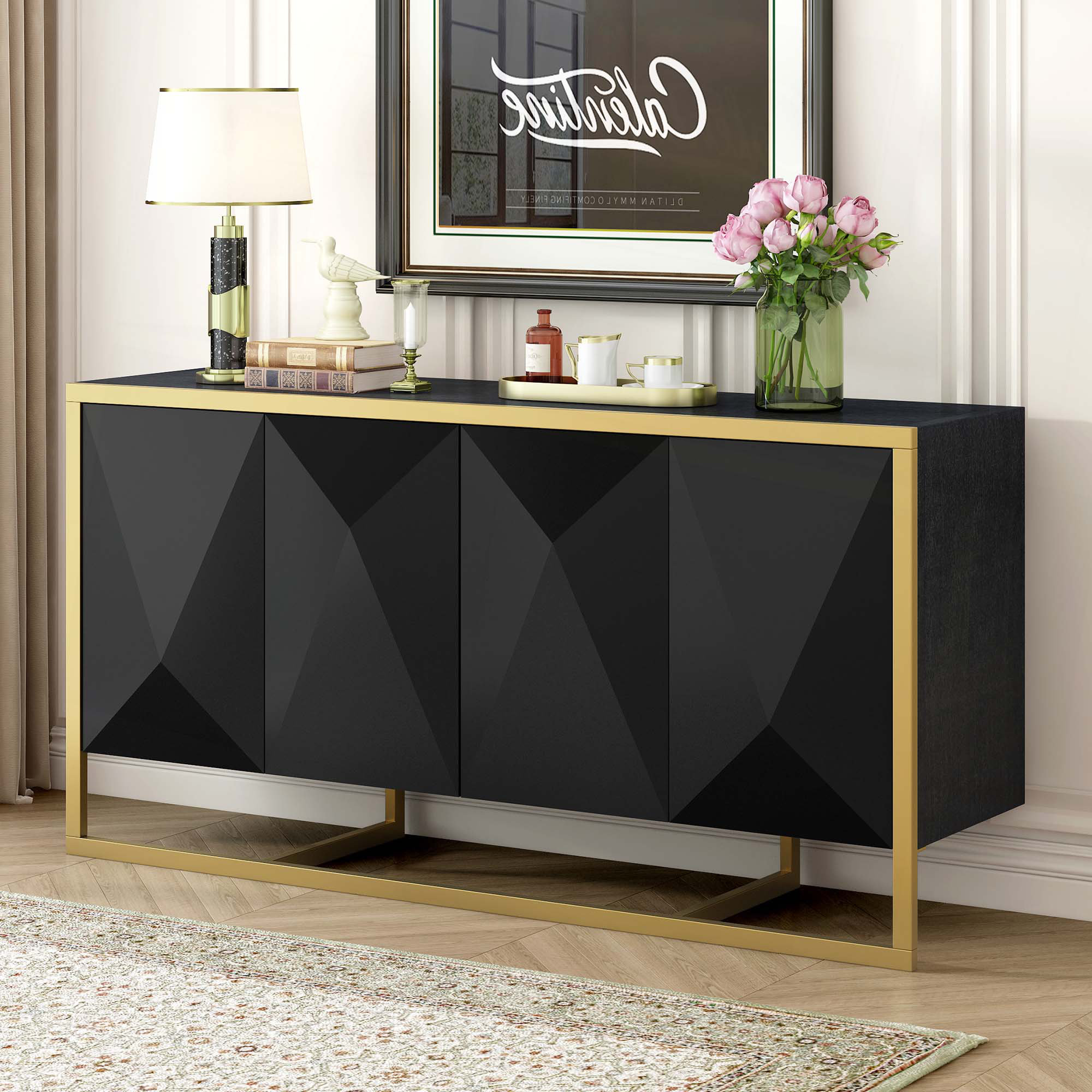 Mercer41 Mahogany Veneer Modern Sideboard with Unique Metal Legs ...