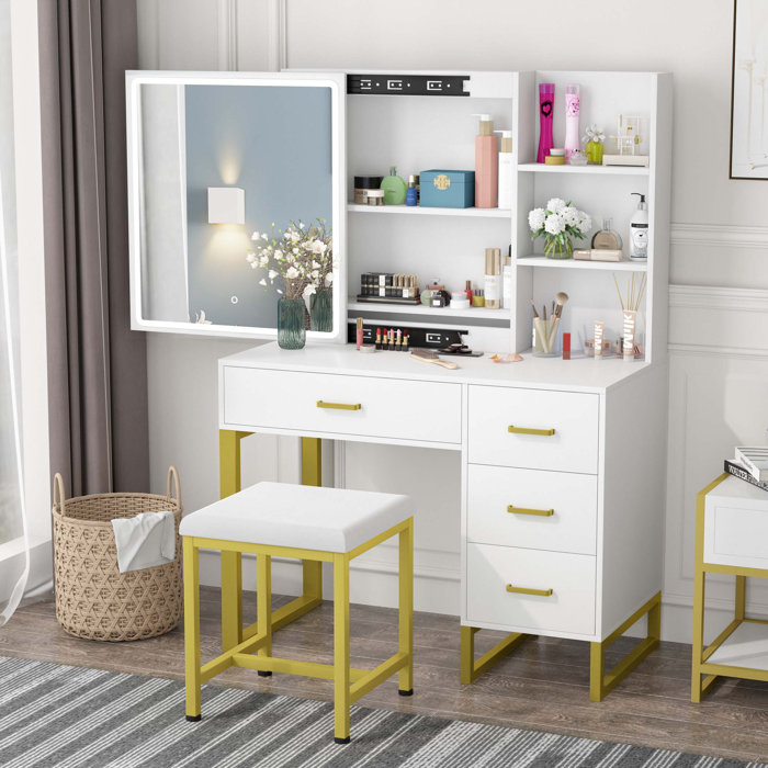 Millwood Pines Ipava Vanity Set With Lighted Mirror, Makeup Vanity ...