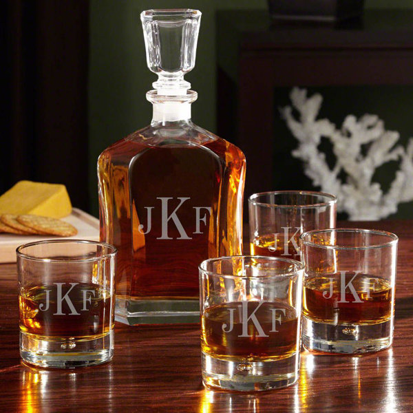 Darby Home Co Drewry Engraved Monogram 5 Piece Whiskey Decanter Set ...