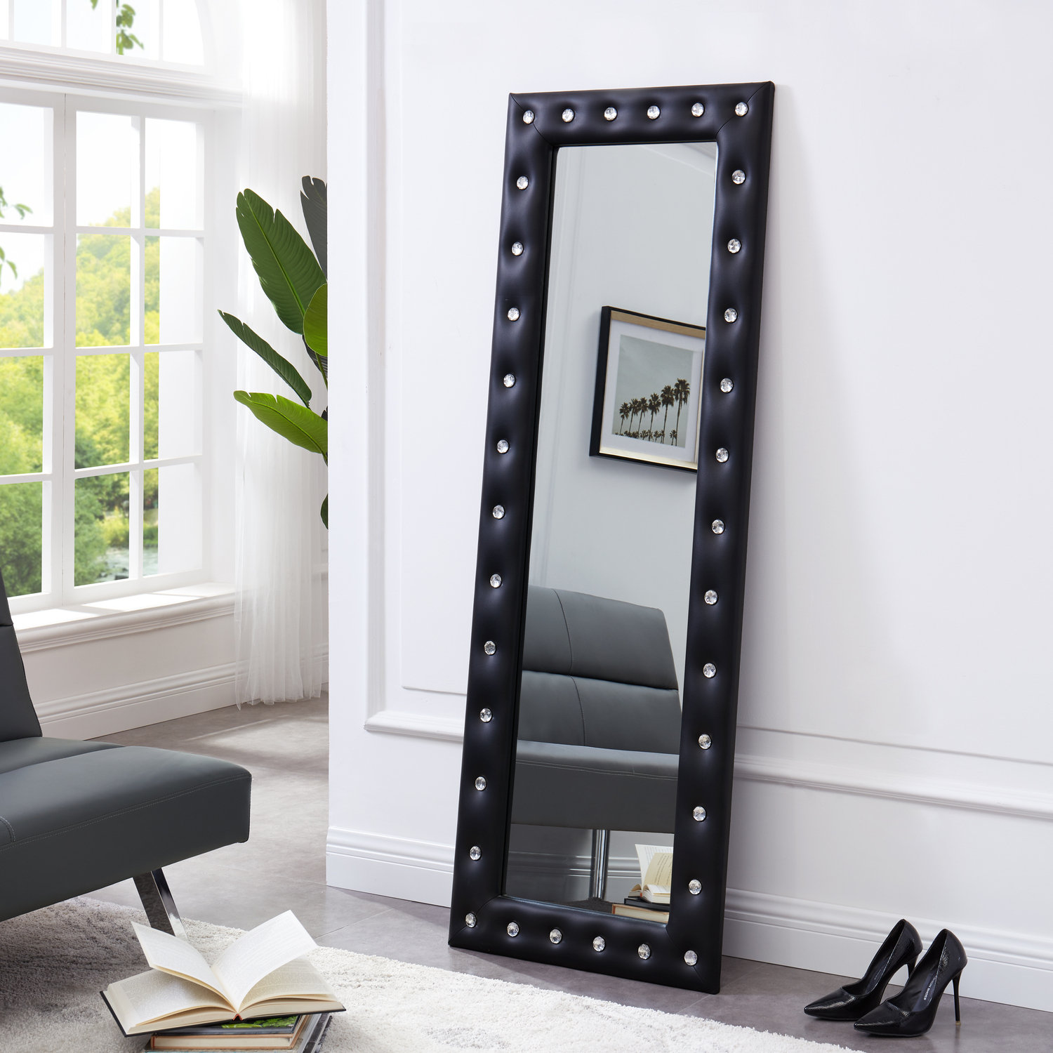 House of Hampton Ennia Crystal Tufted Large Floor Mirror, 63"LX22"W ...
