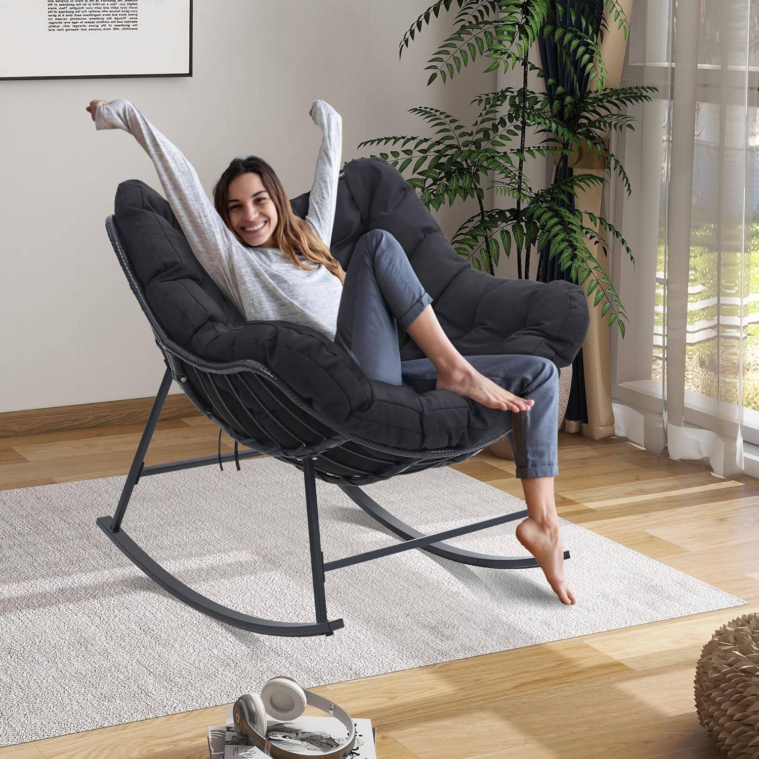 Bayou Breeze Large Rattan Rocking Papasan Chair Indoor Outdoor Wicker ...