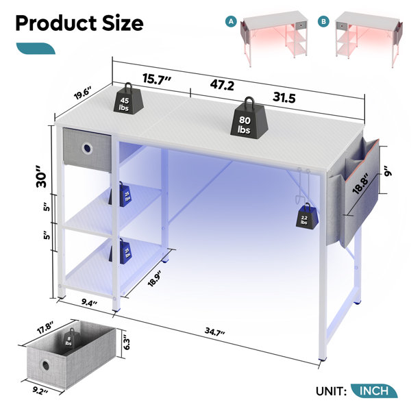 Wrought Studio™ 47 Inch Gaming Desk with LED Lights Small Computer ...