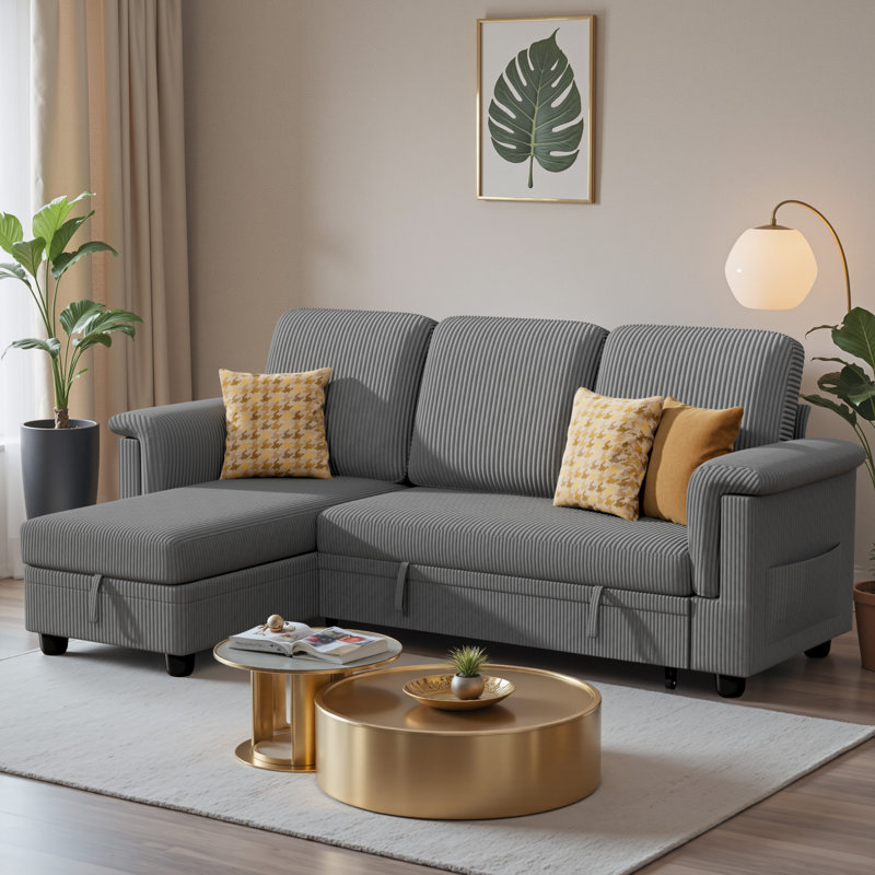 Ebern Designs Corduroy Versatile Sectional Couch, Small Sleeper Sofa ...