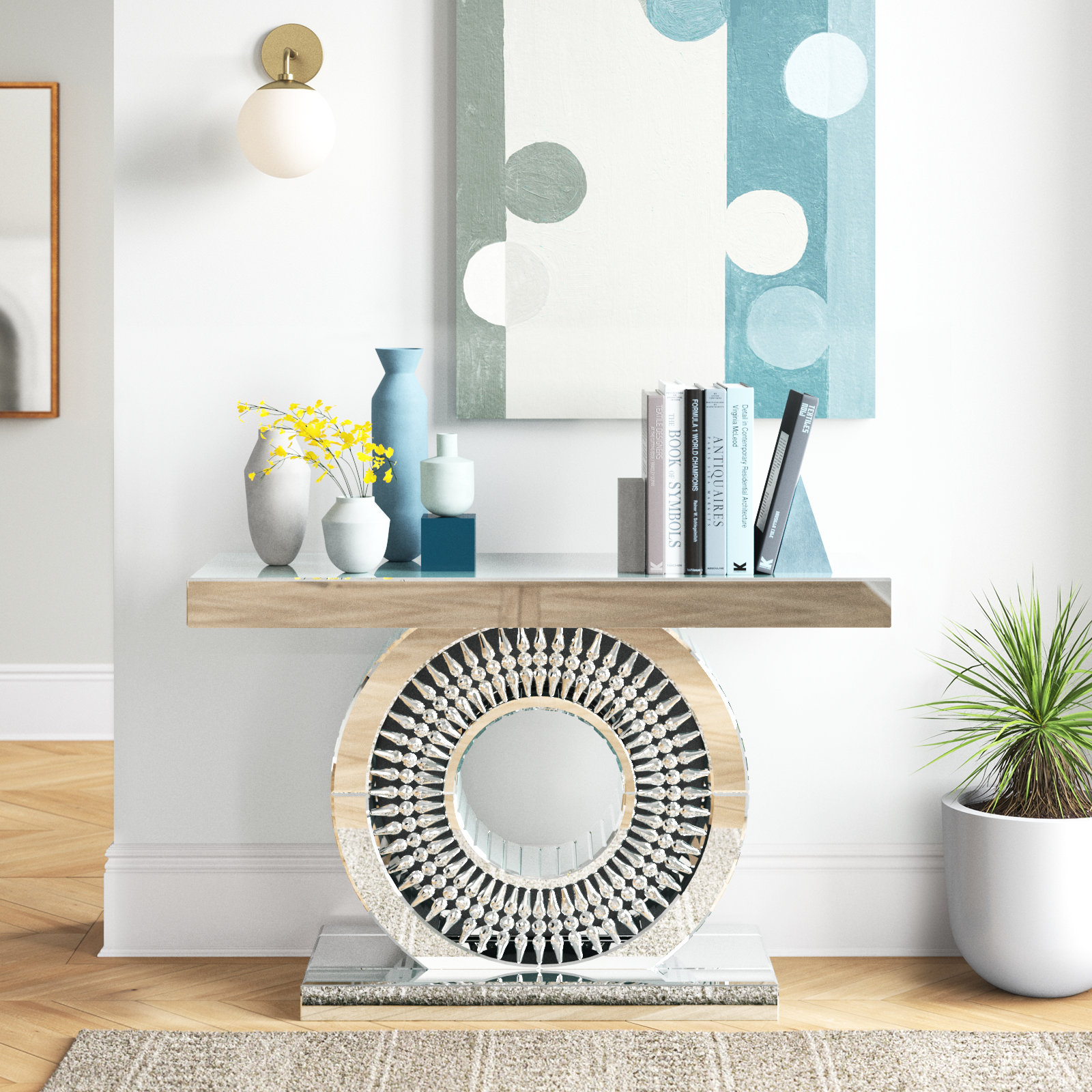 Wade Logan® Bahir Silver Glass Sun Mirrored Living Room Console Table ...