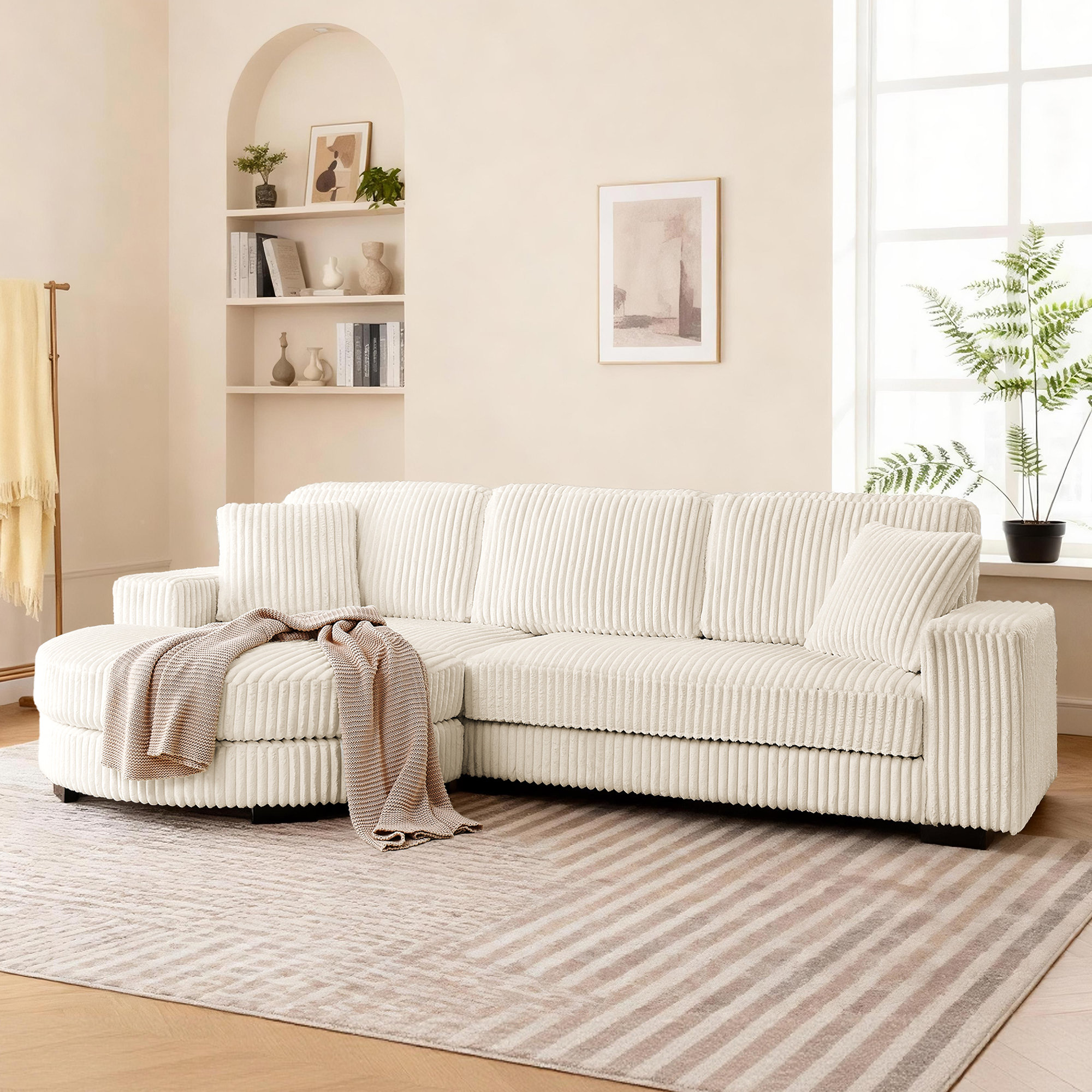 Mercer41 110.63" L-Shaped Corduroy Sectional with Reversible Curved ...