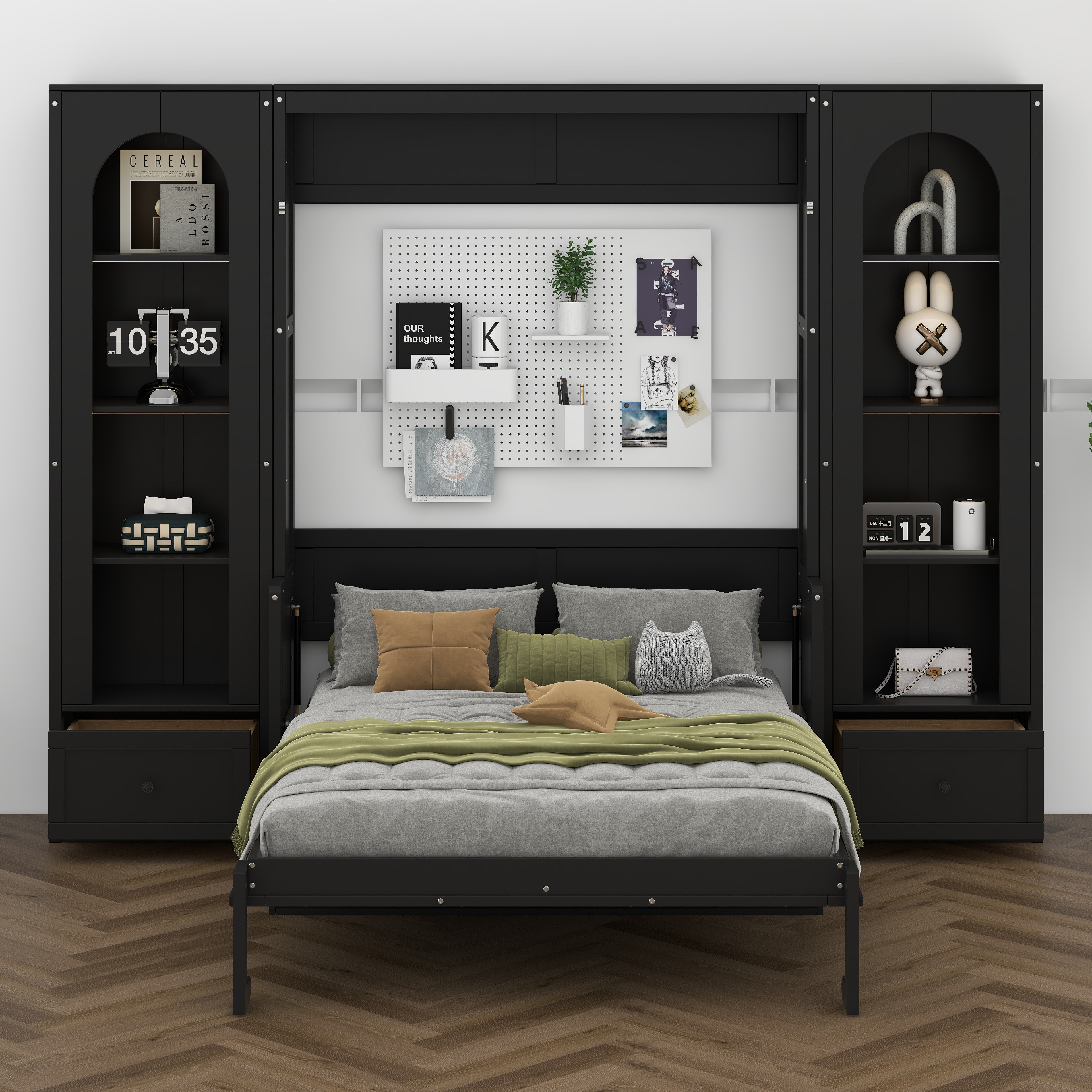 Hokku Designs Queen Size Murphy Bed With Desk And Storage Shelves, Wood ...