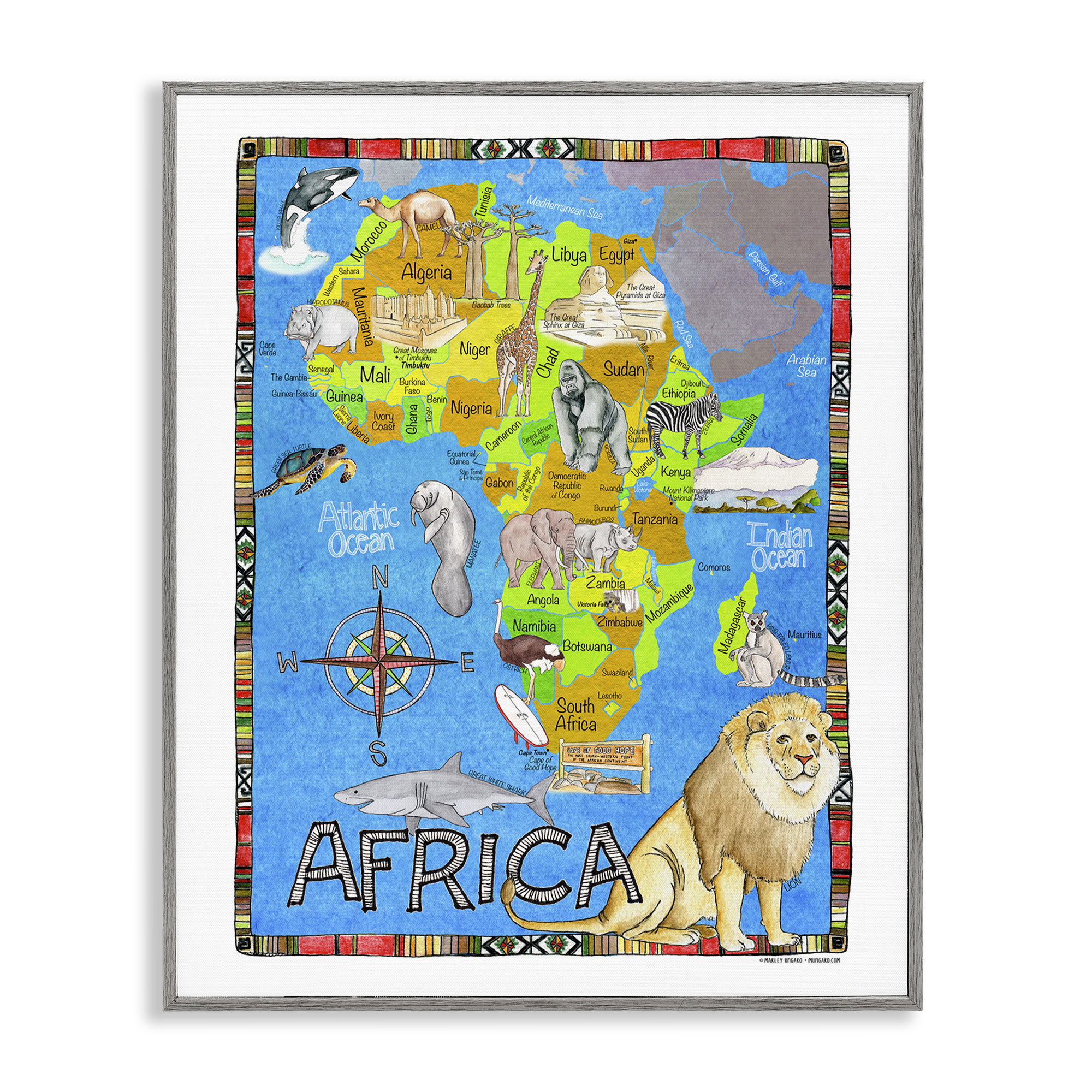 Highland Dunes African Animals Map Framed Giclee Art by Marley Ungaro ...