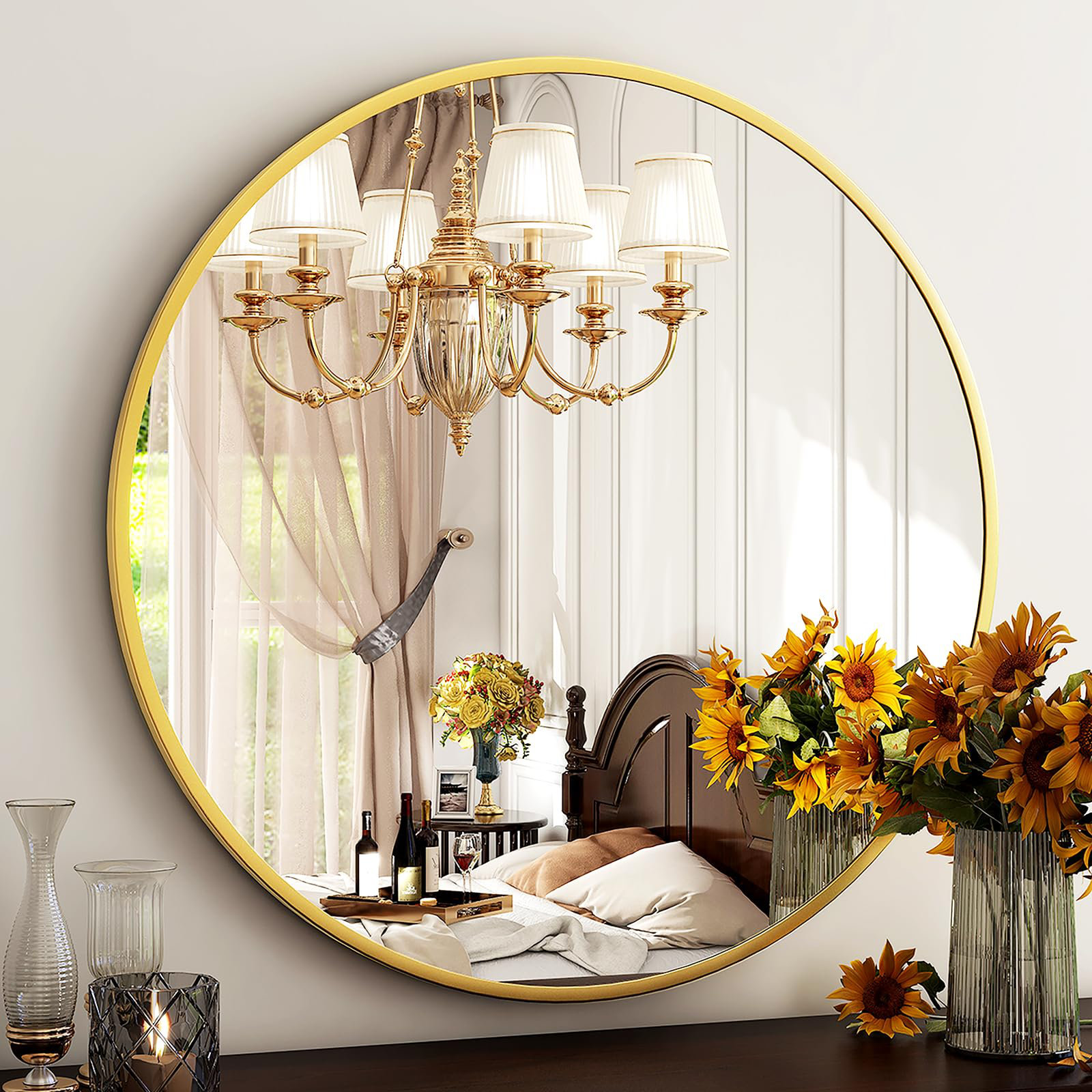 Mercer41 Round Mirror 30 Gold Wall Mounted Circle Mirrors Vanity Mirror ...
