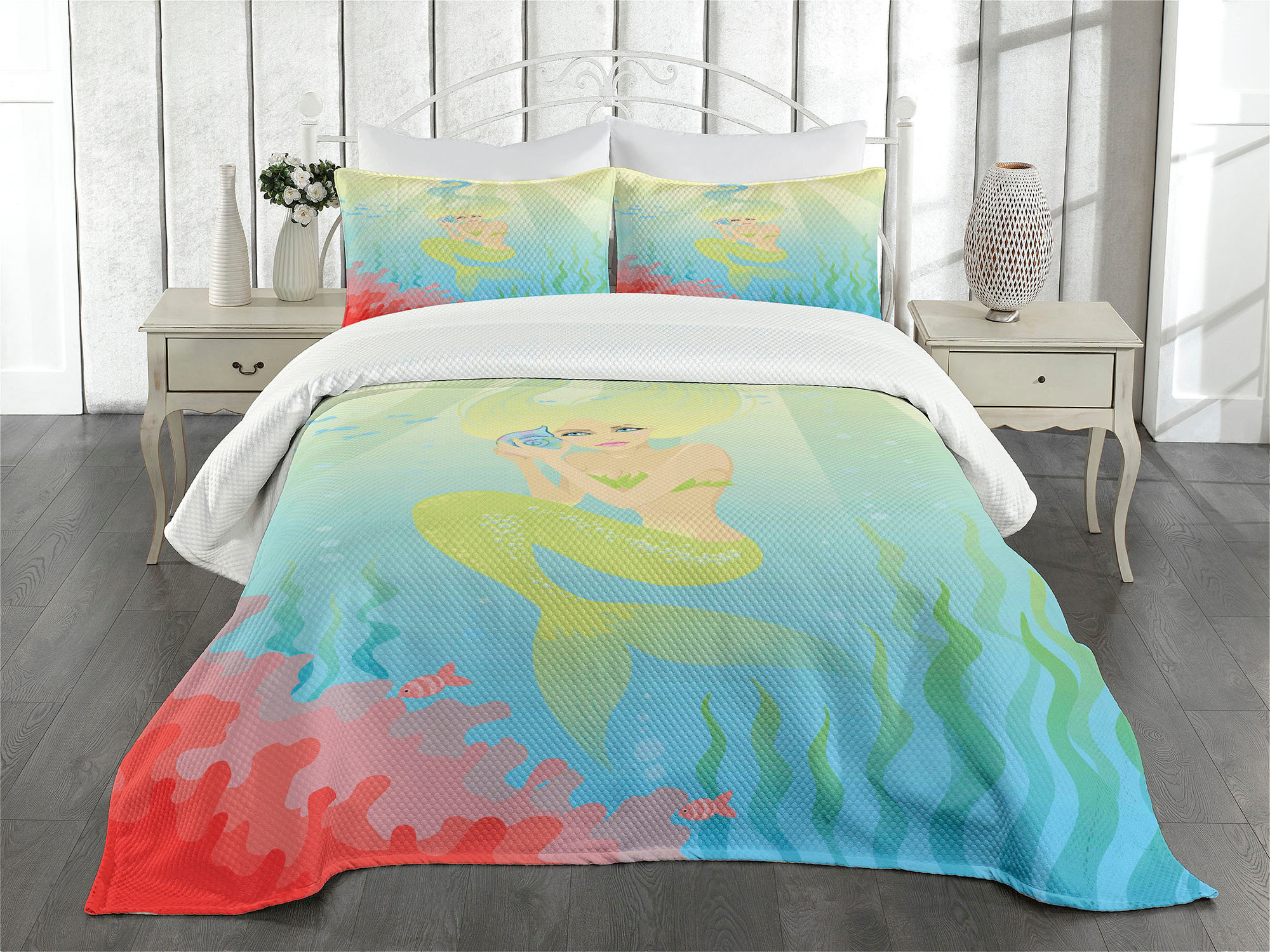Ambesonne Ocean Bedspread Set Unusual Mermaid Shell Coral Blue | Wayfair