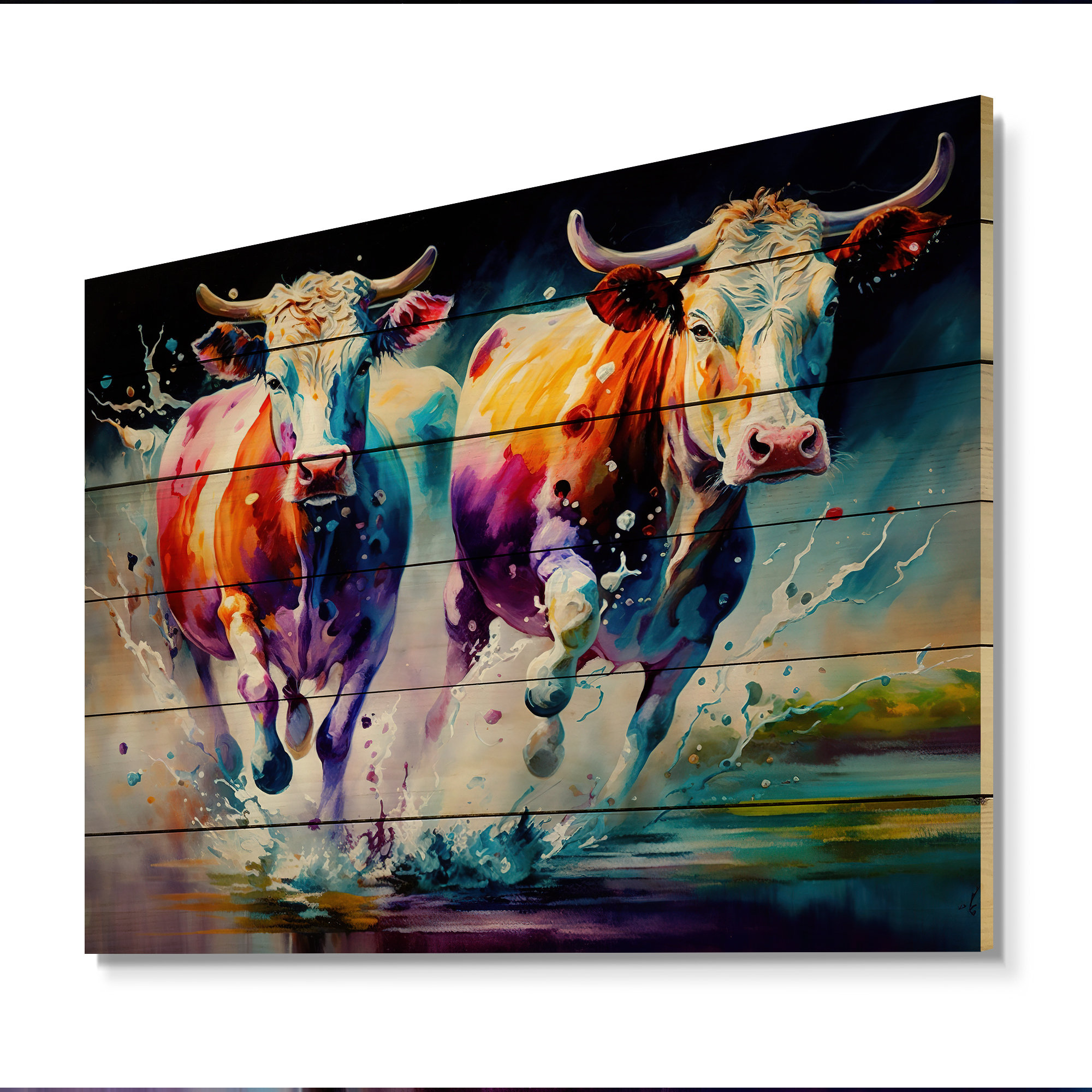 August Grove® Cows Running II - Animals Cow Wood Wall Art Print | Wayfair