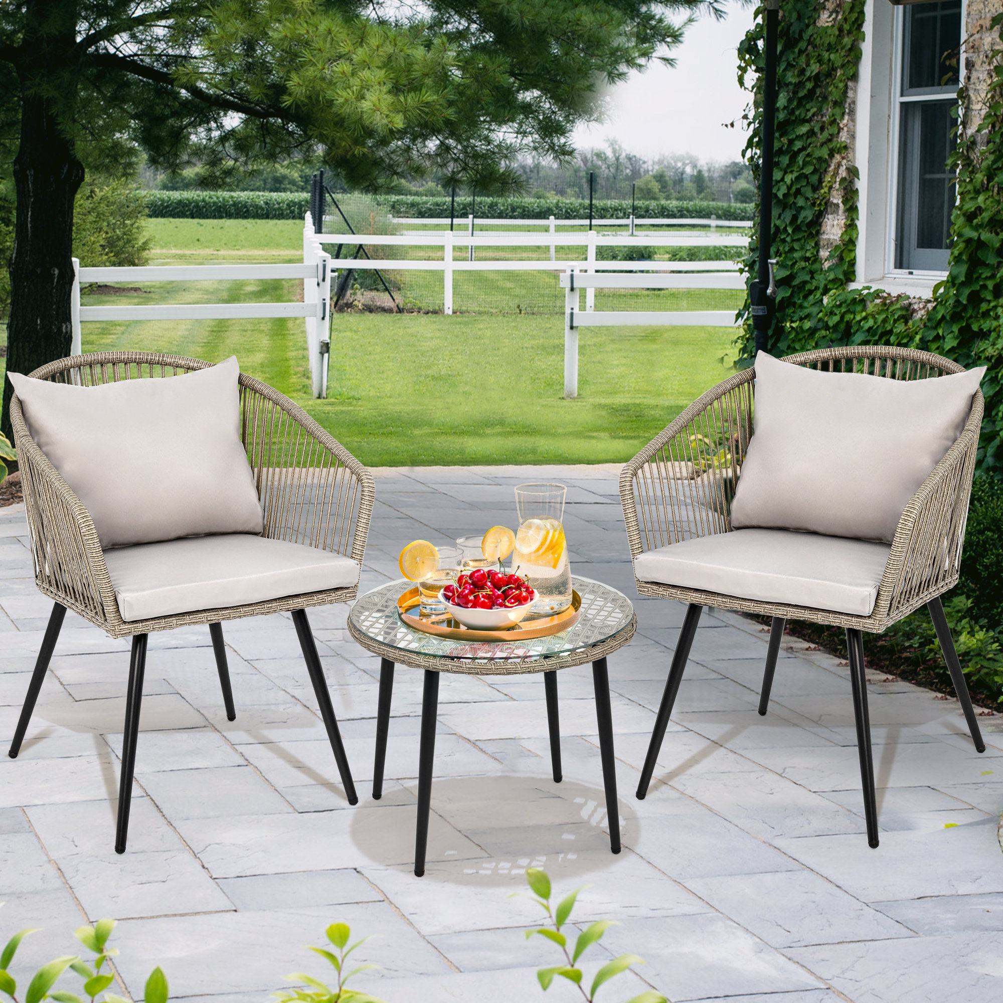 George Oliver Grey 3-Piece Wicker Small Patio Balcony Chair Set ...