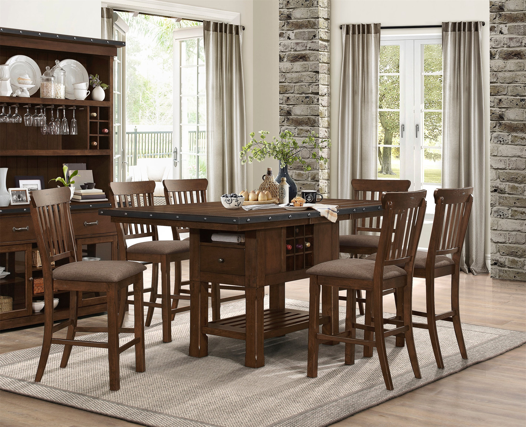 Gracie Oaks Dark Brown Finish 7Pc Dining Set Storage Base Counter ...