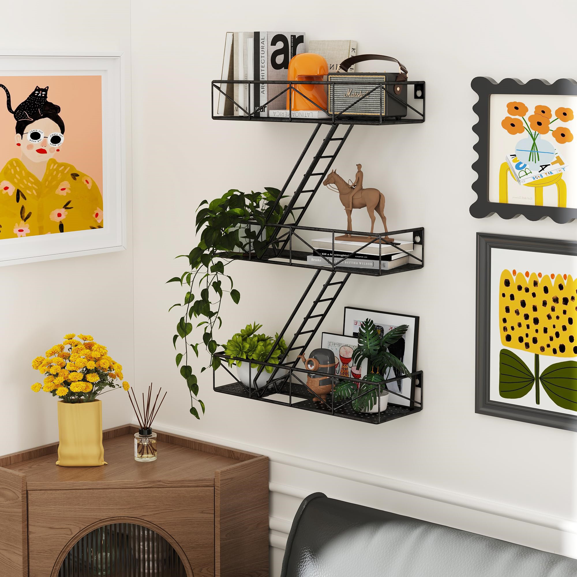 17 Stories 3 Tier Black Fire Escape Wall Shelf with Basket and ...