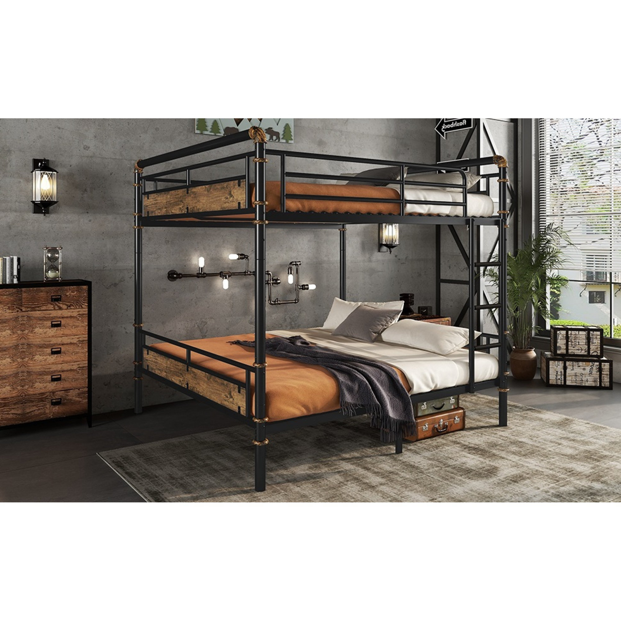 Mason & Marbles Queen Over Queen Metal Bunk Bed, Industrial Detachable ...