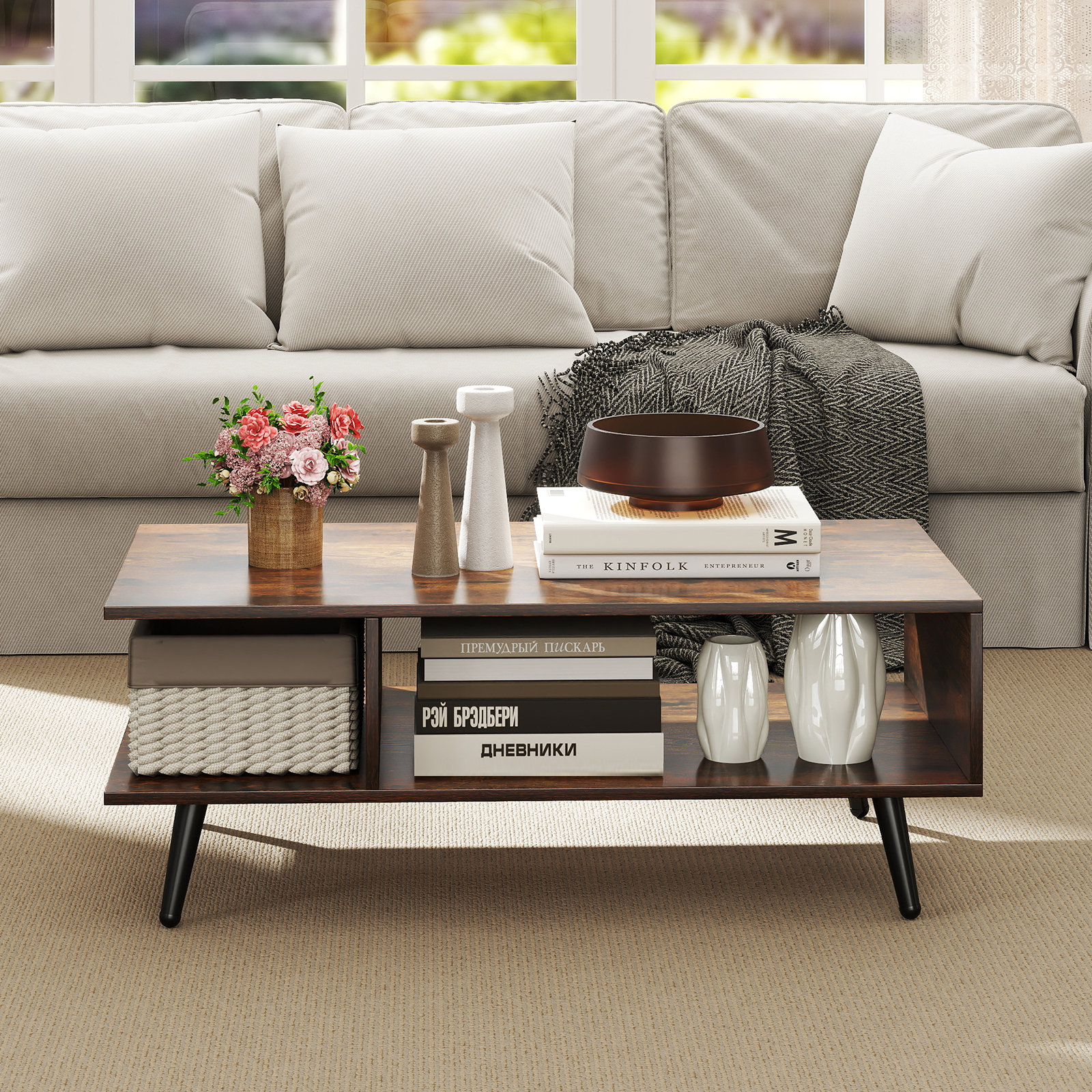 17 Stories 2-Tier Coffee Table w/ Compartments & Metal Legs Rectangle ...